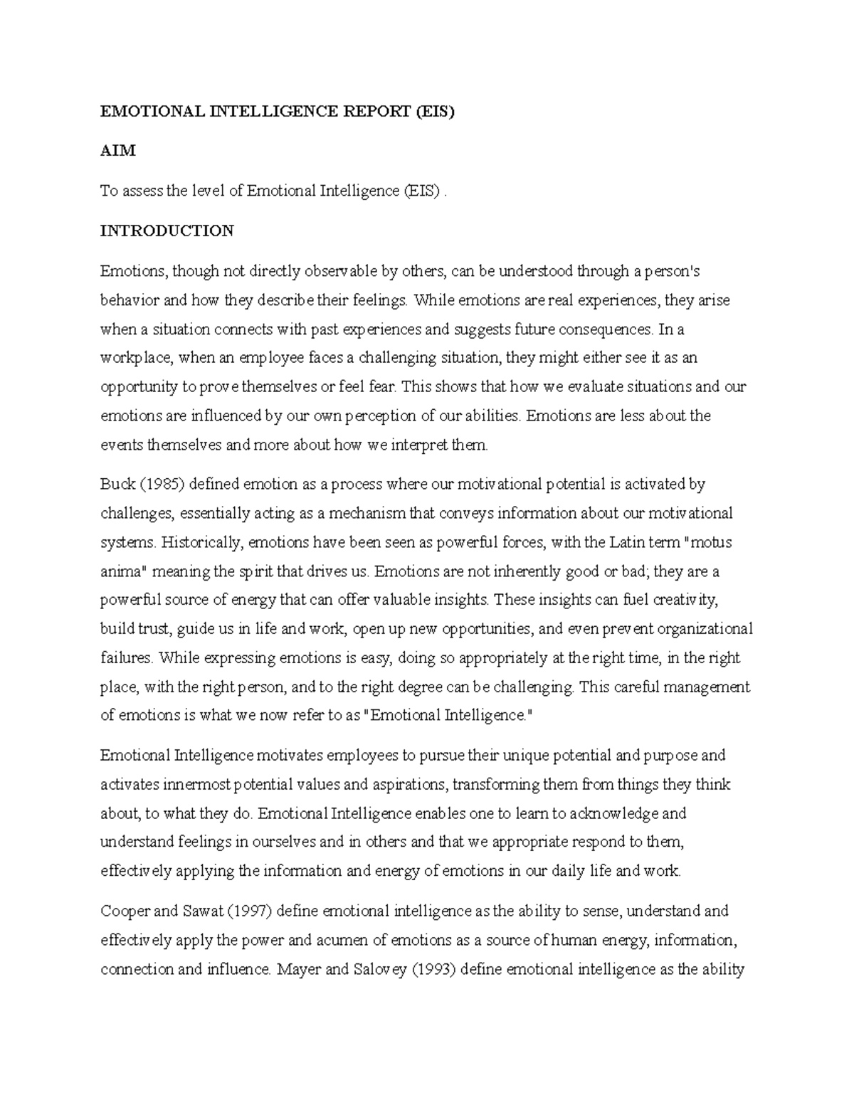 EIS 301: Final Report on Emotional Intelligence Assessment - Studocu