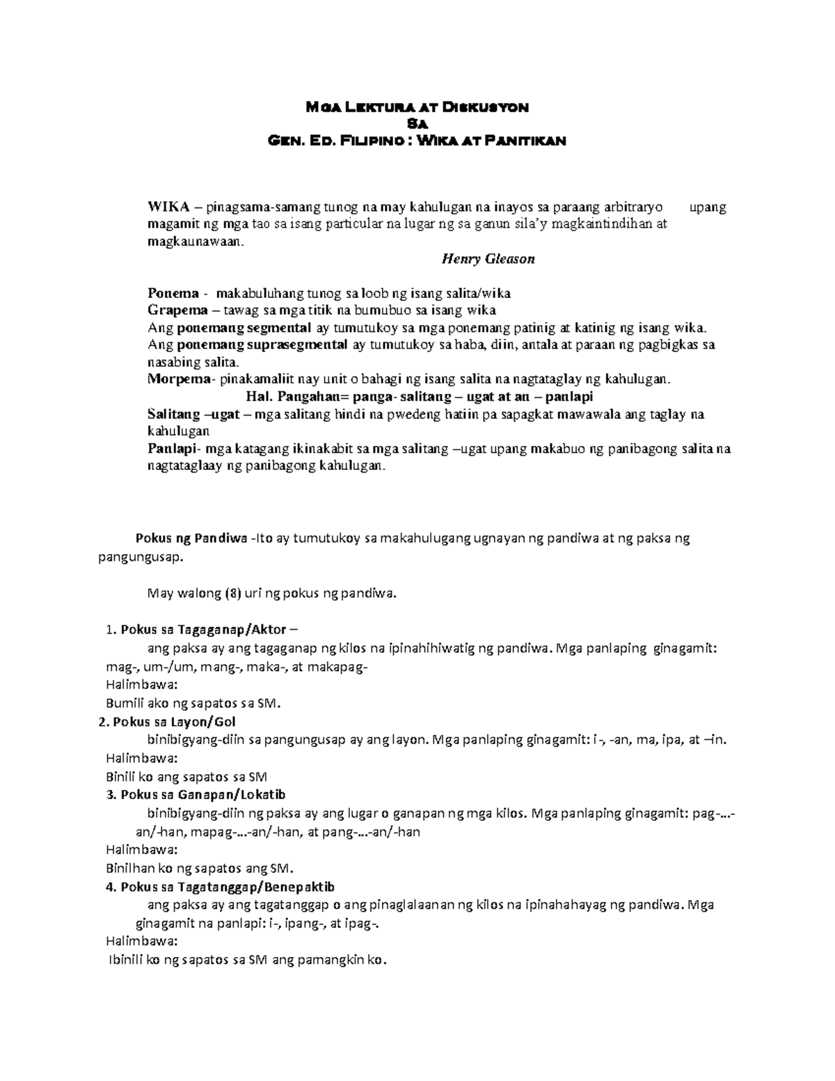 Handout sa Filipino (Gen. Ed.): Reviewer ng Mga Lektura at Diskusyon ...
