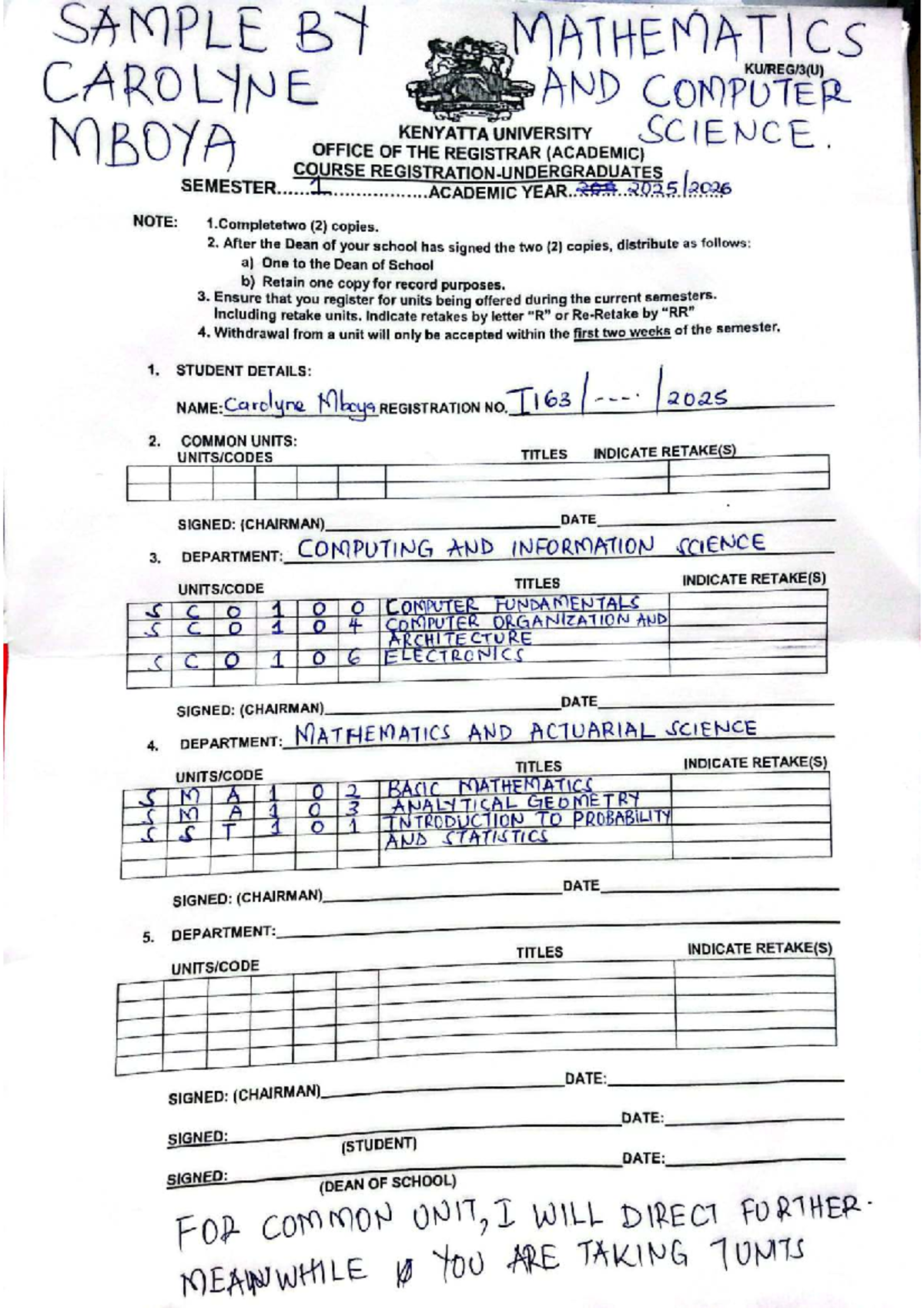 Mathematics & Computer Science Unit Registration Sample - Carolyne ...