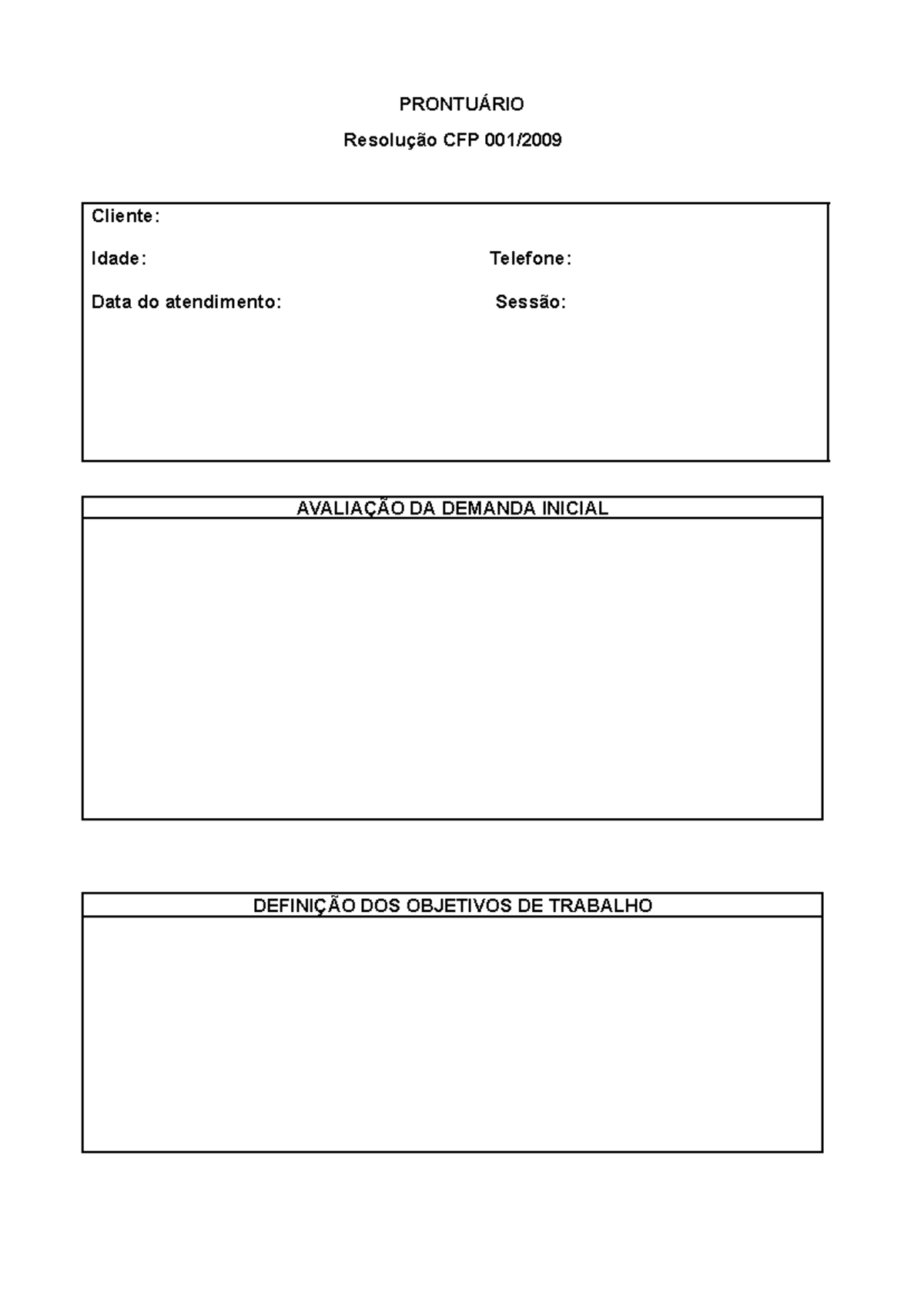Prontuário - Modelo de prontuário - Psicologia - PRONTUÁRIO Resolução ...