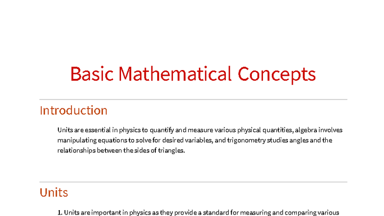 MAT 101: Primer on Basic Math Concepts - Units, Algebra & Trig - Studocu