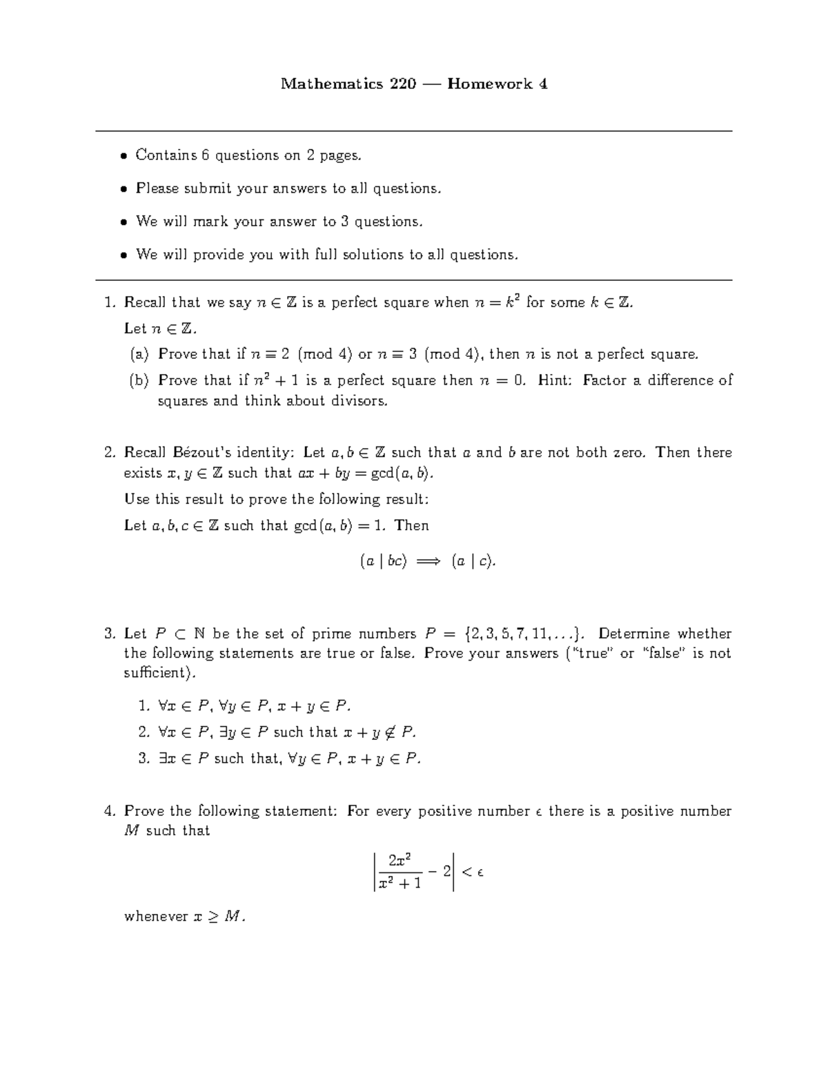 Mathematics 220 Homework 4: Perfect Squares and Prime Numbers - Studocu