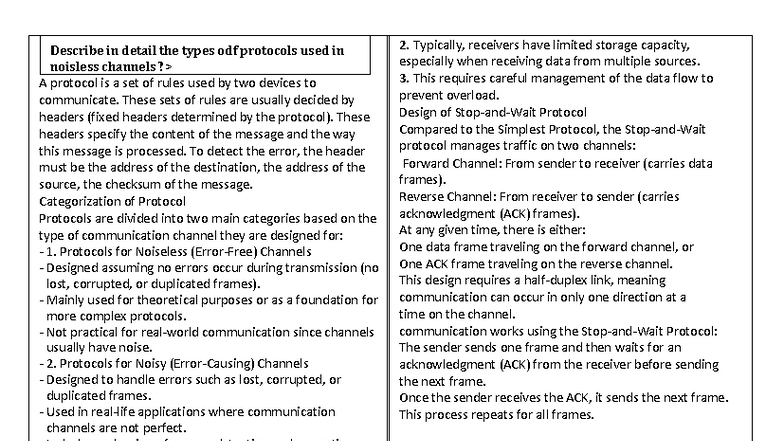 Types of Protocols for Noiseless Channels: A Detailed Overview - Studocu