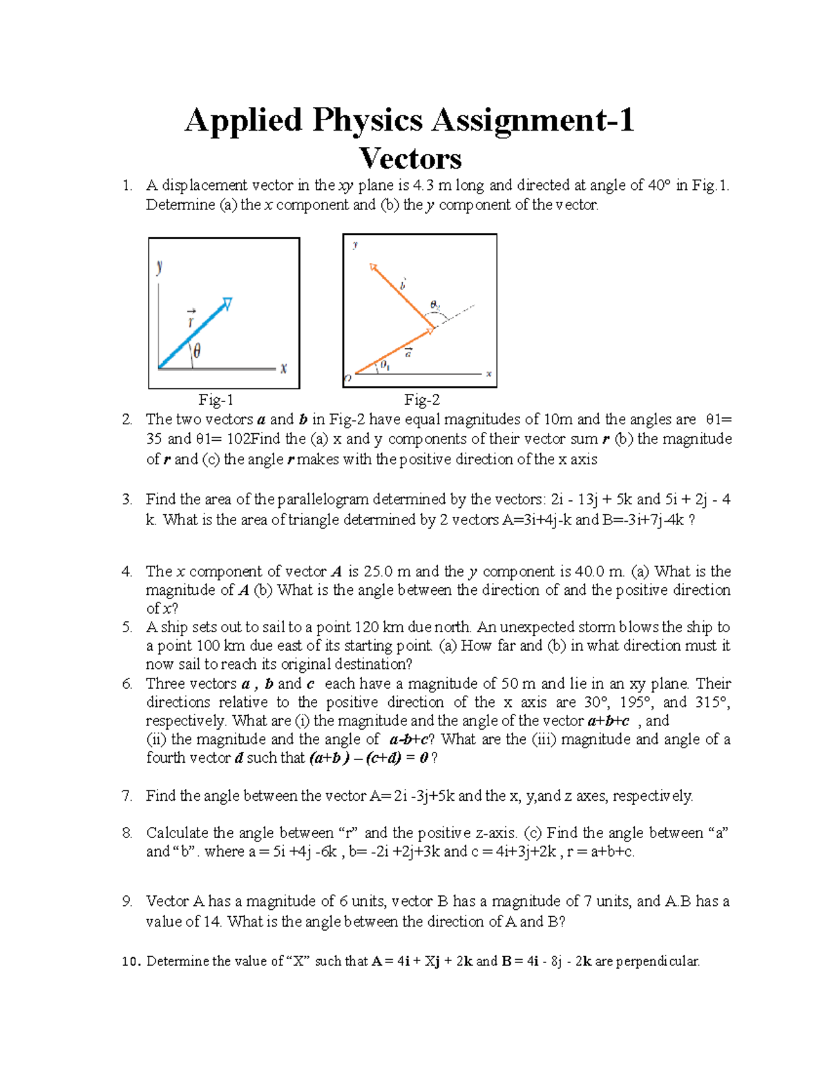 AP Assignment-1 - assignment 1 - Applied Physics Assignment- Vectors A displacement vector in ...