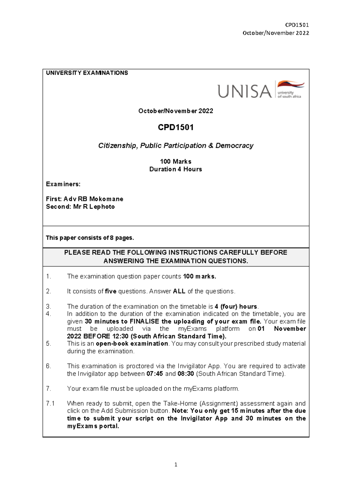 CPD1501 October/November 2022 Final Exam Questions and Instructions ...