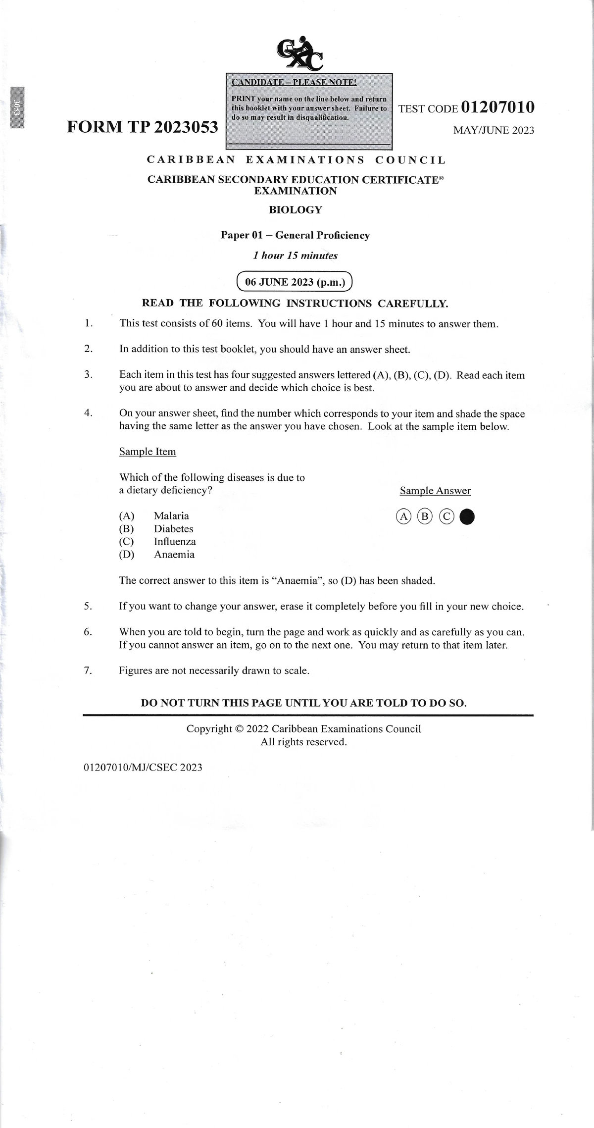 CSEC Biology Paper 2 - 2025 Exam Instructions and Questions - Studocu