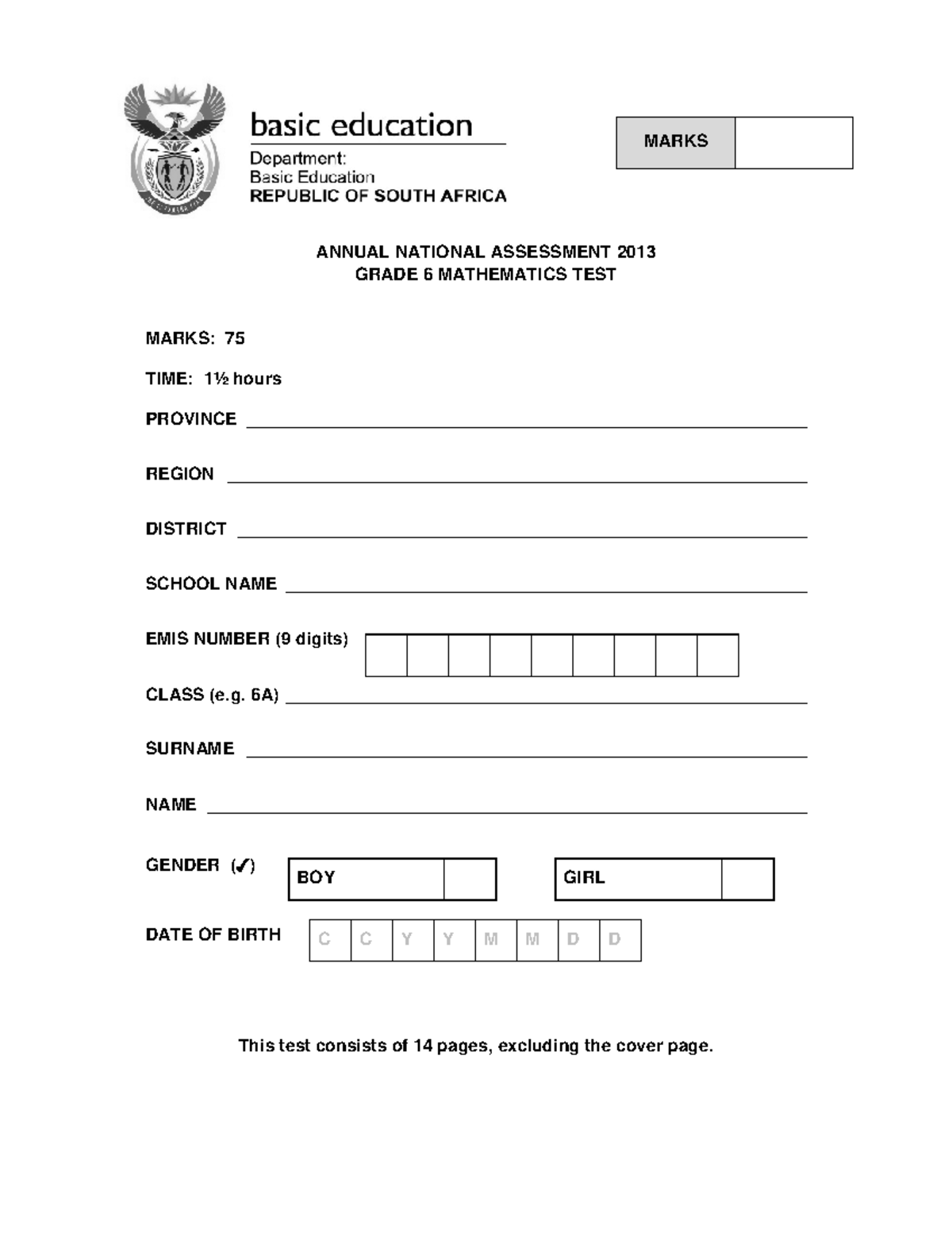 New 2013 Grade 6 Mathematics Test (75 Marks, 1½ Hours) - Studocu