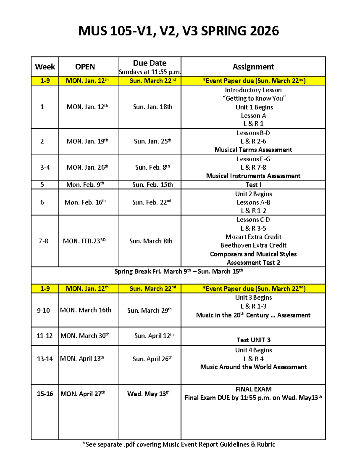MUS 105 V1,2,3 Spring 2026 Course Calendar & Due Dates - Studocu