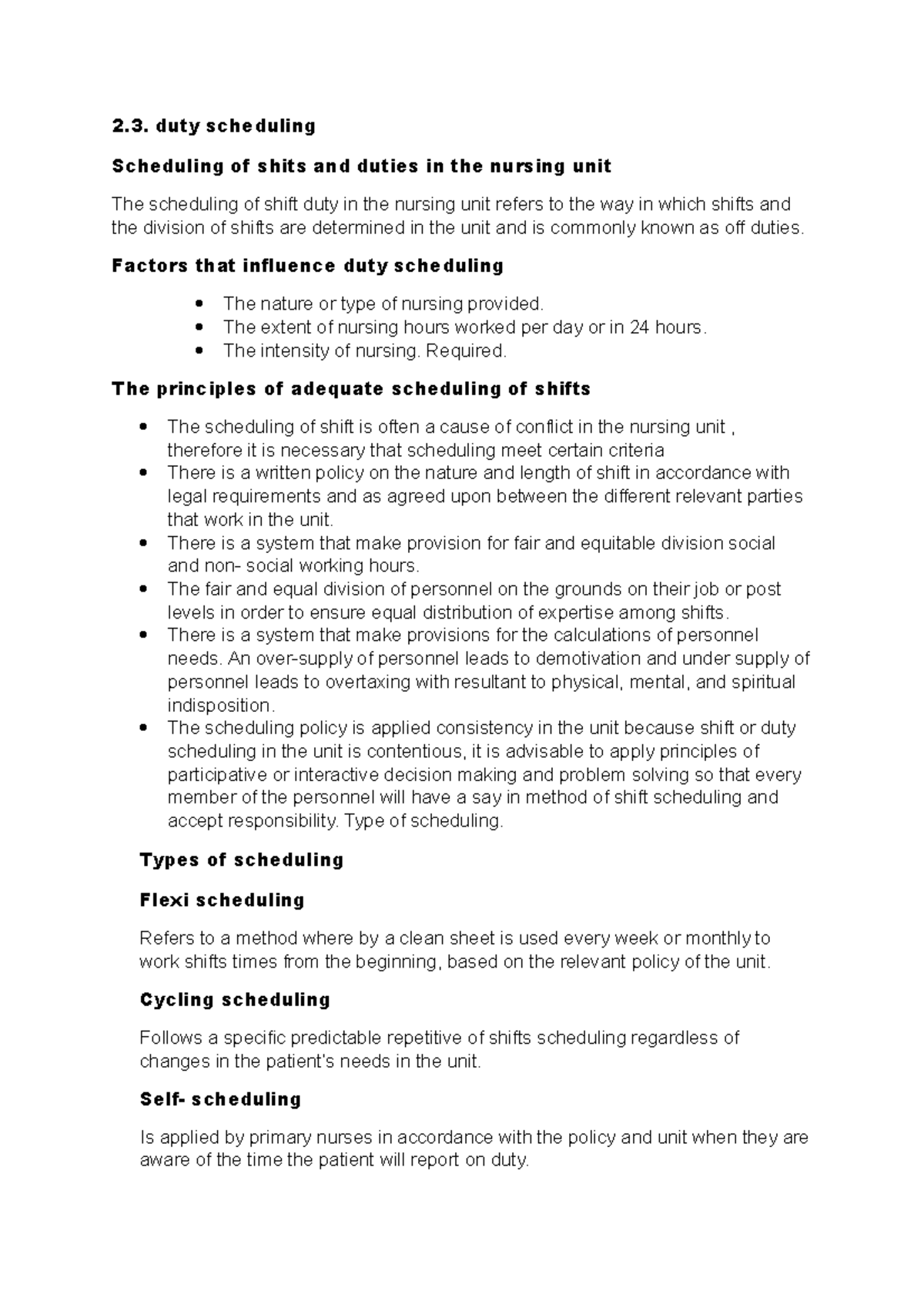 2.3 Duty Scheduling for Nursing Units: Principles & Methods - Studocu