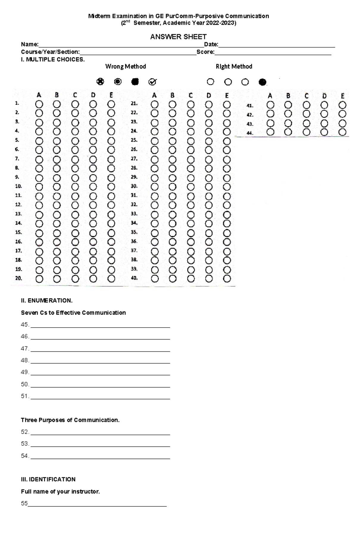 Answer Sheet (midterm) - Midterm Examination in GE PurComm-Purposive ...