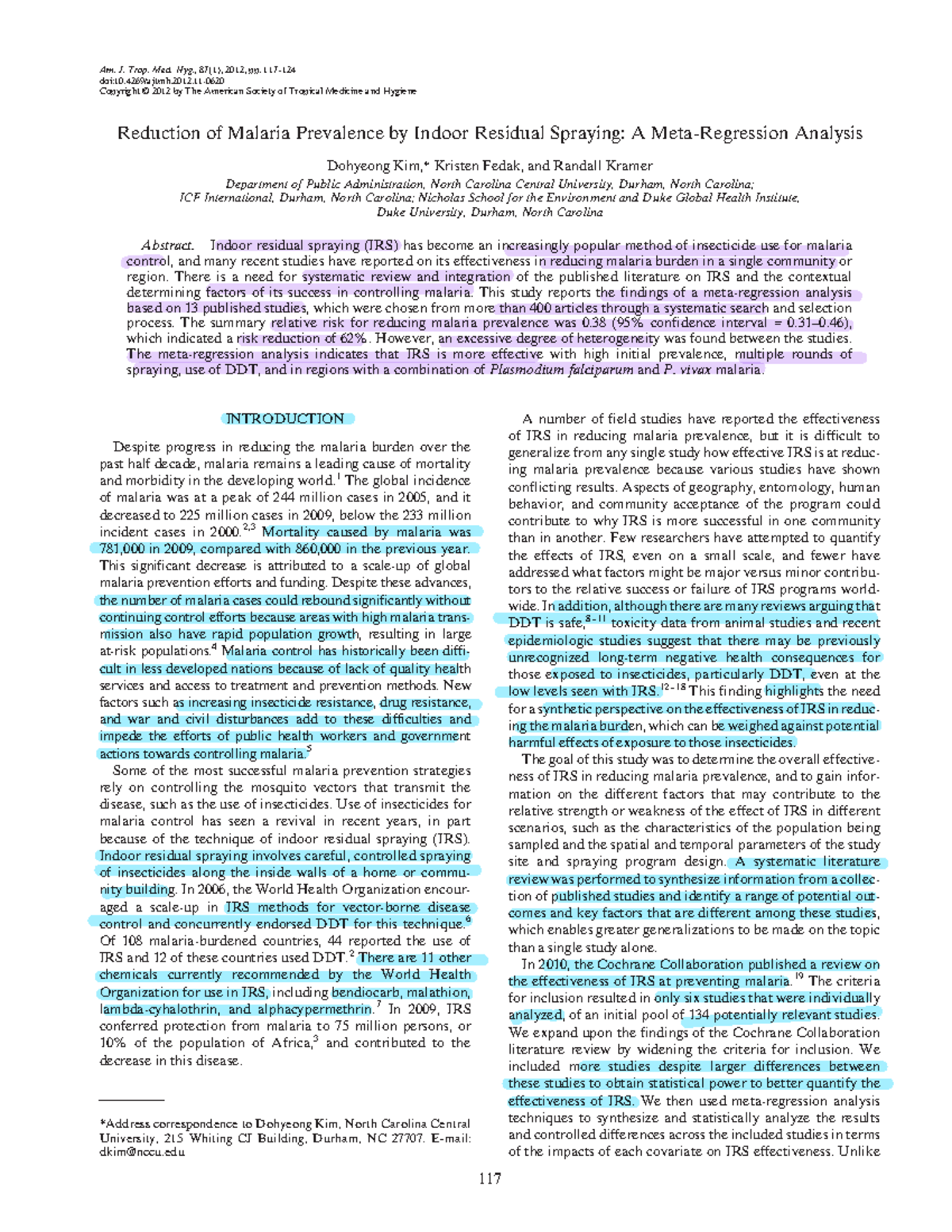 Reduction of Malaria Prevalence: A Meta-Regression Analysis of IRS ...