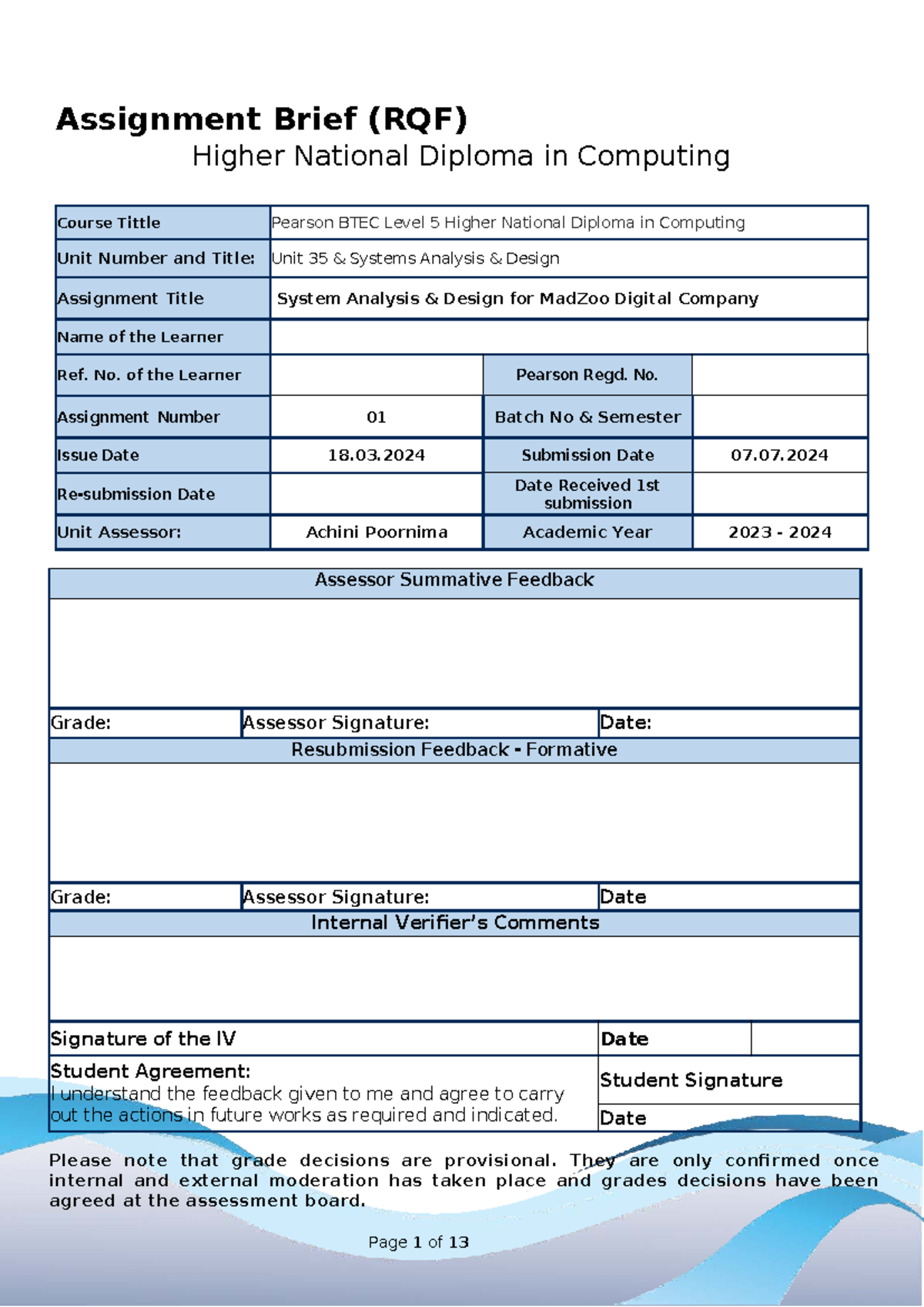 Assignment Brief: System Analysis & Design for Unit 35 (HND Computing) - Studocu