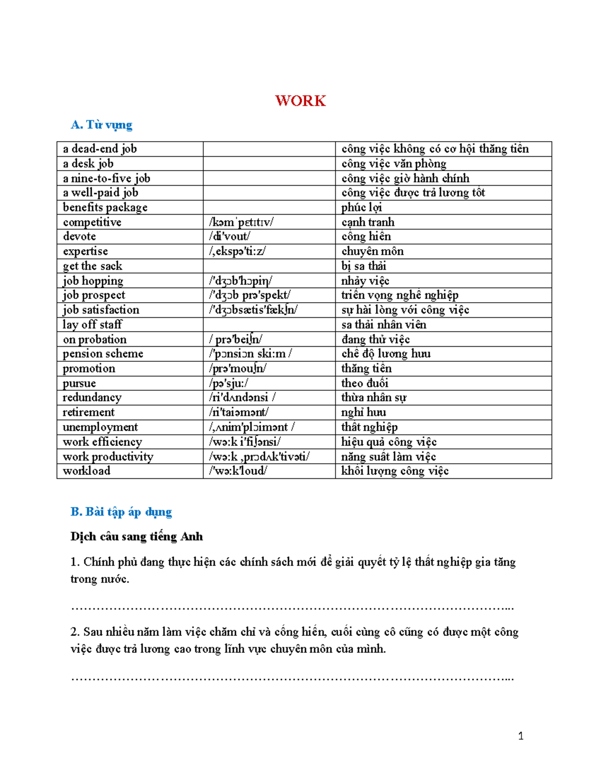 Vocab Day 9 - Work - Tiếng Anh: Vocabulary & Exercises - Studocu