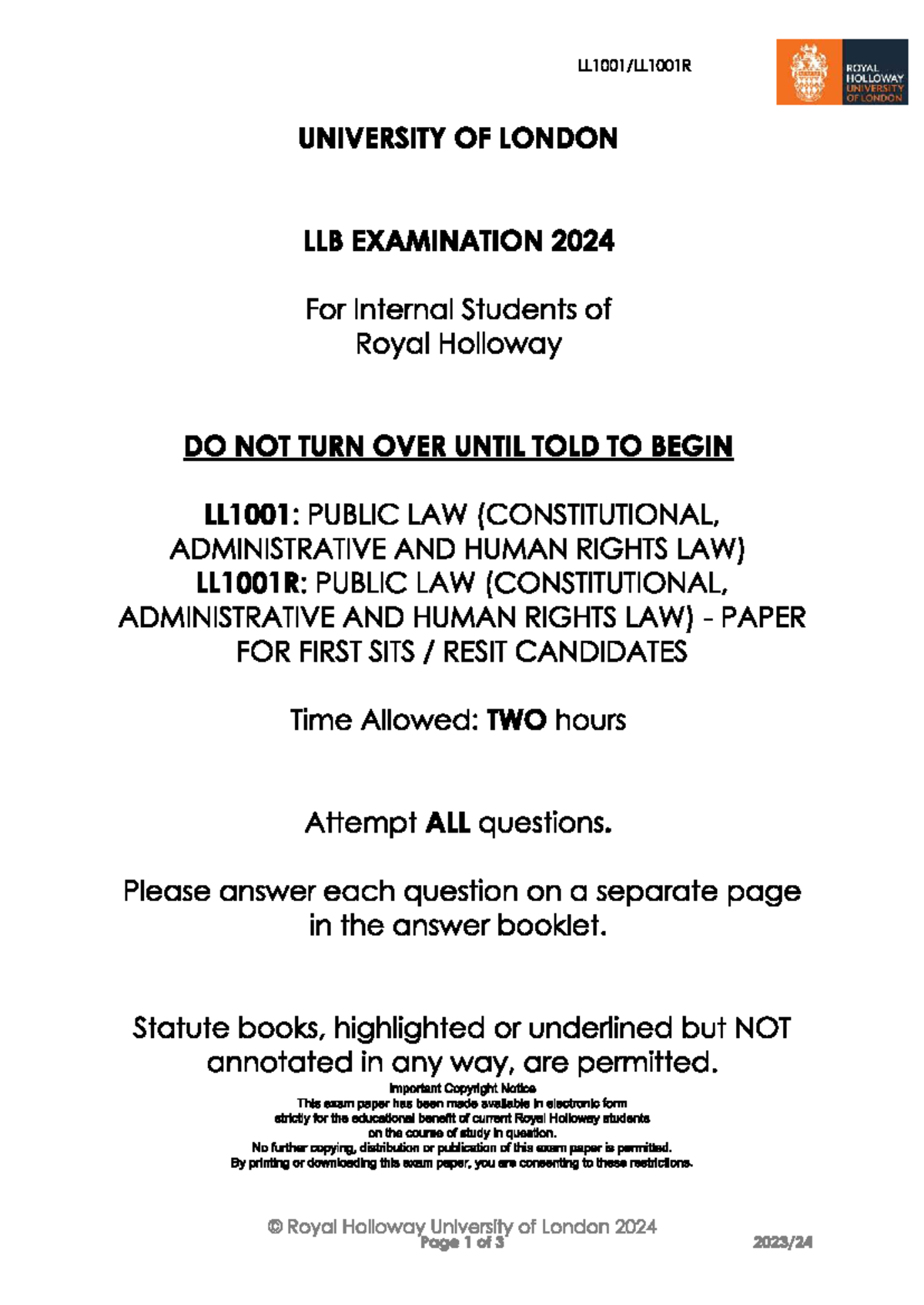LL1001: Public Law Exam Paper 2024 for Resit Candidates - Studocu