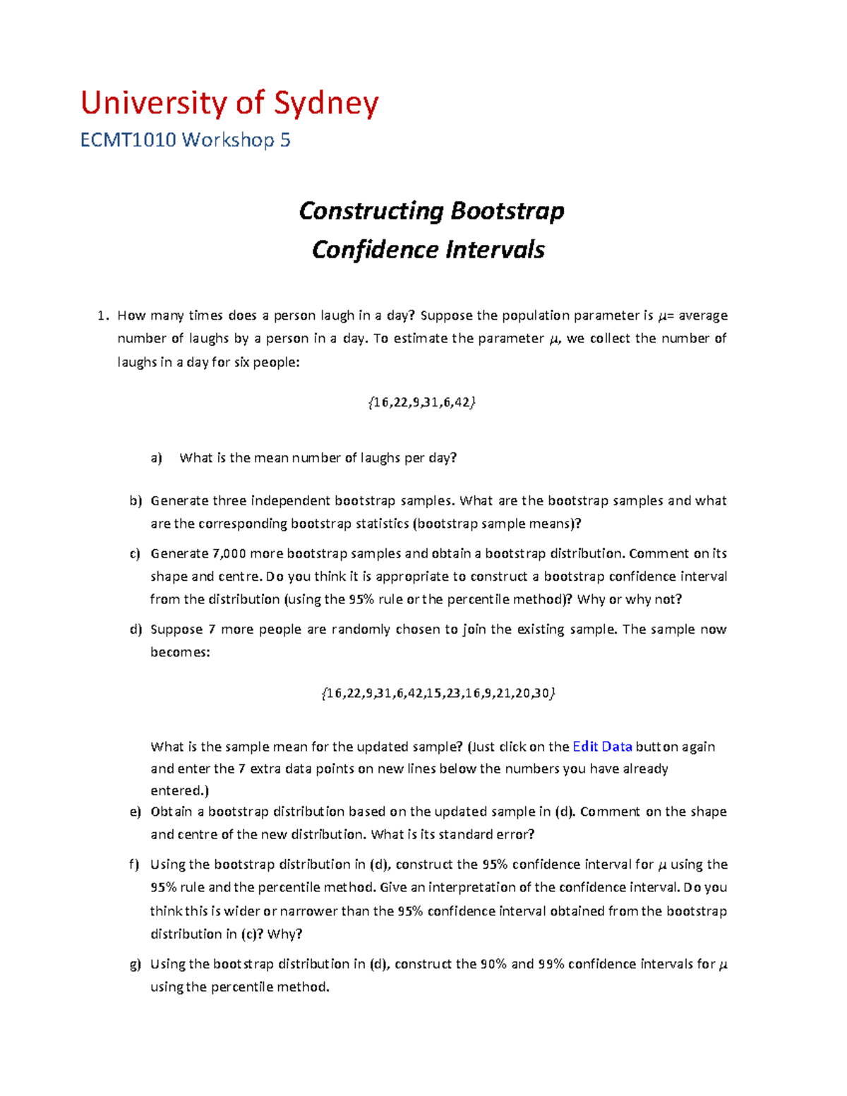 ECMT1010 Workshop 5: Bootstrap Confidence Intervals & Data Analysis - Studocu