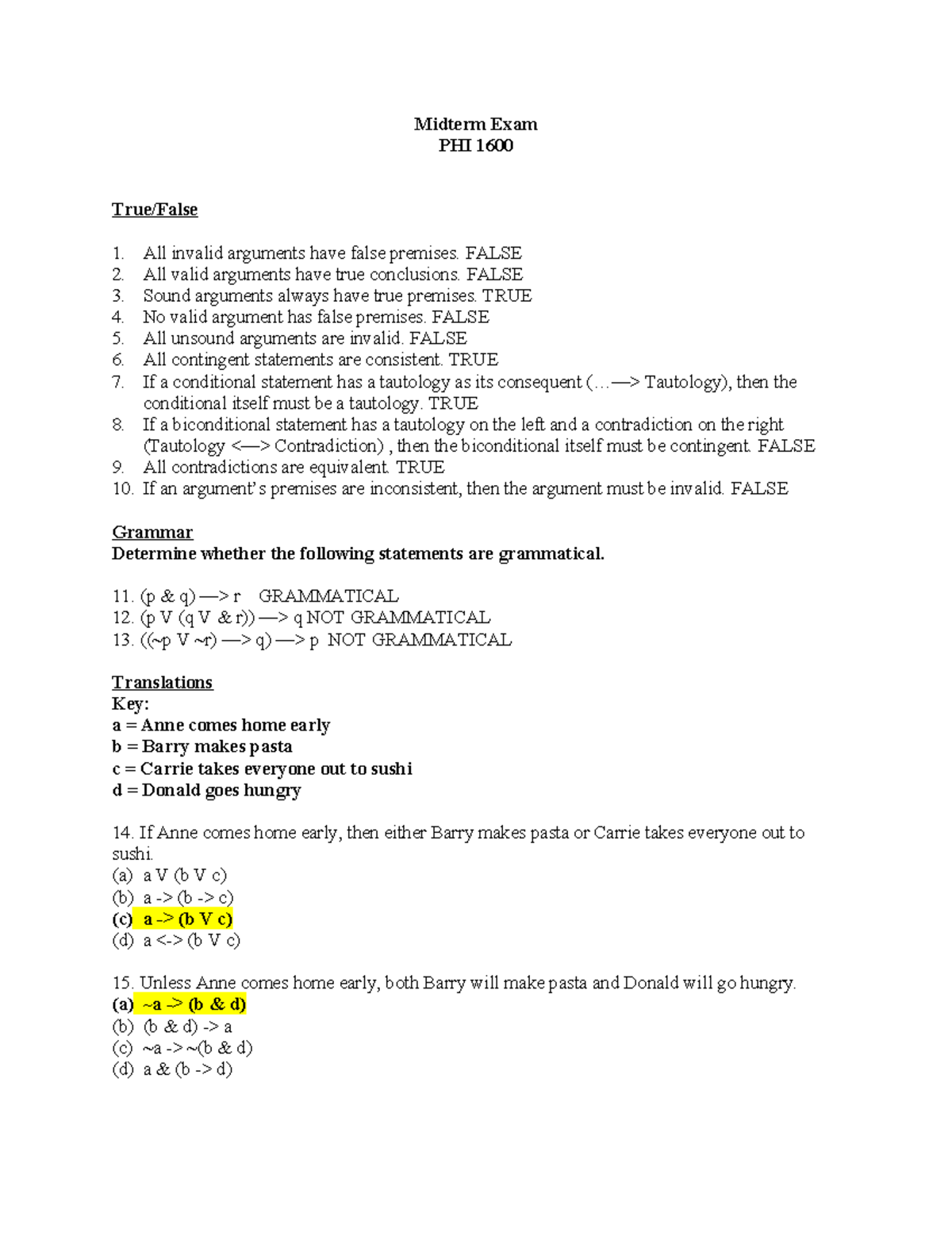 PHI 1600 Midterm Exam Review: True/False, Grammar, Translations - Studocu