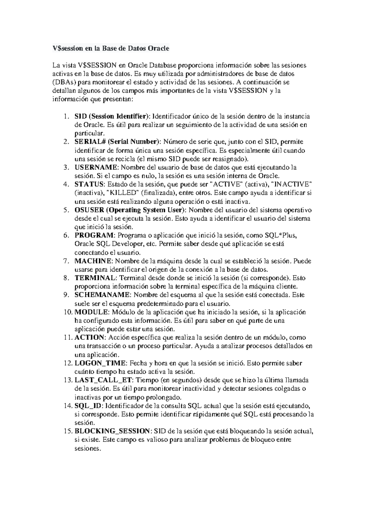 V$SESSION en Oracle: Análisis de Campos y Actividad de Sesiones - Studocu