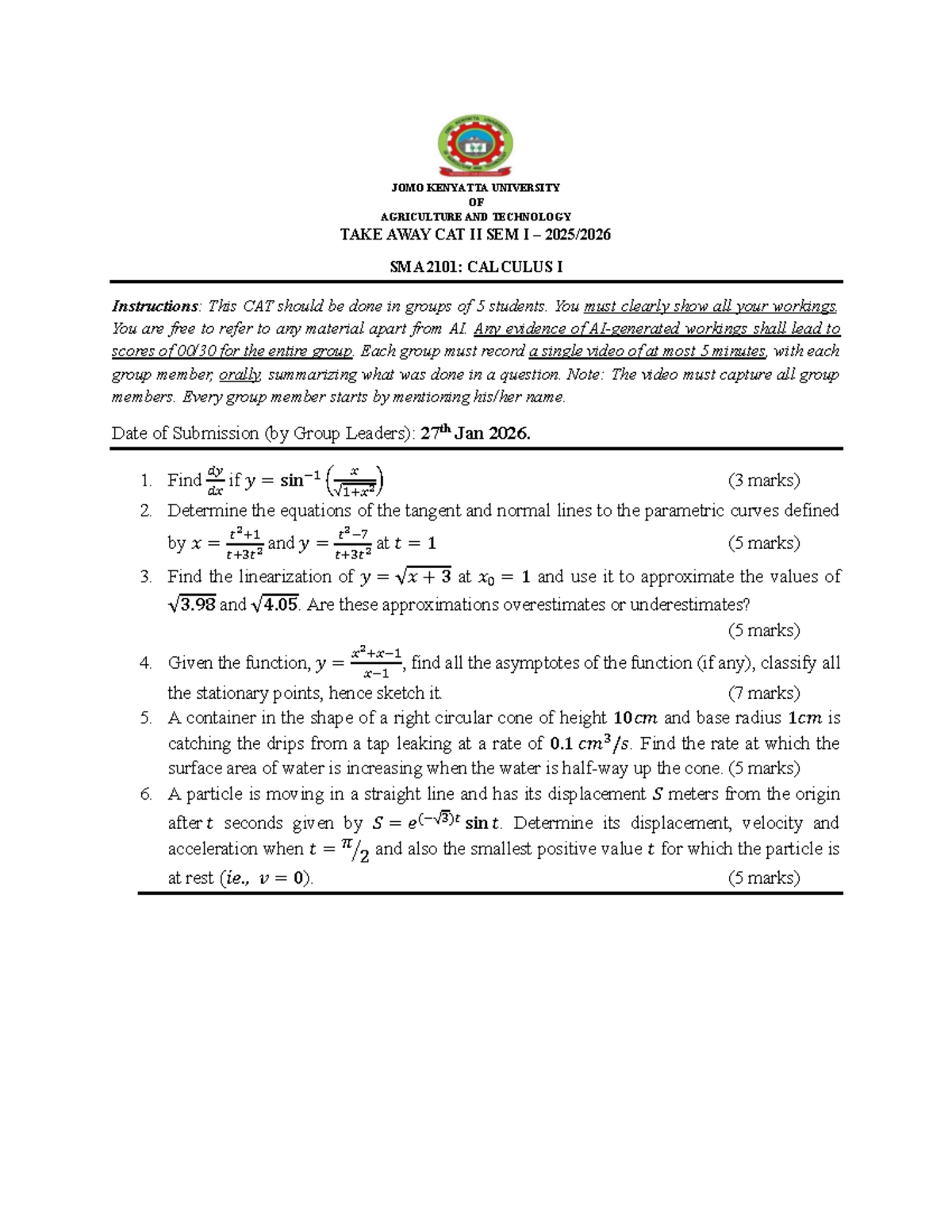 SMA 2101 CAT II Sample Calculus Questions for Group Work - Studocu