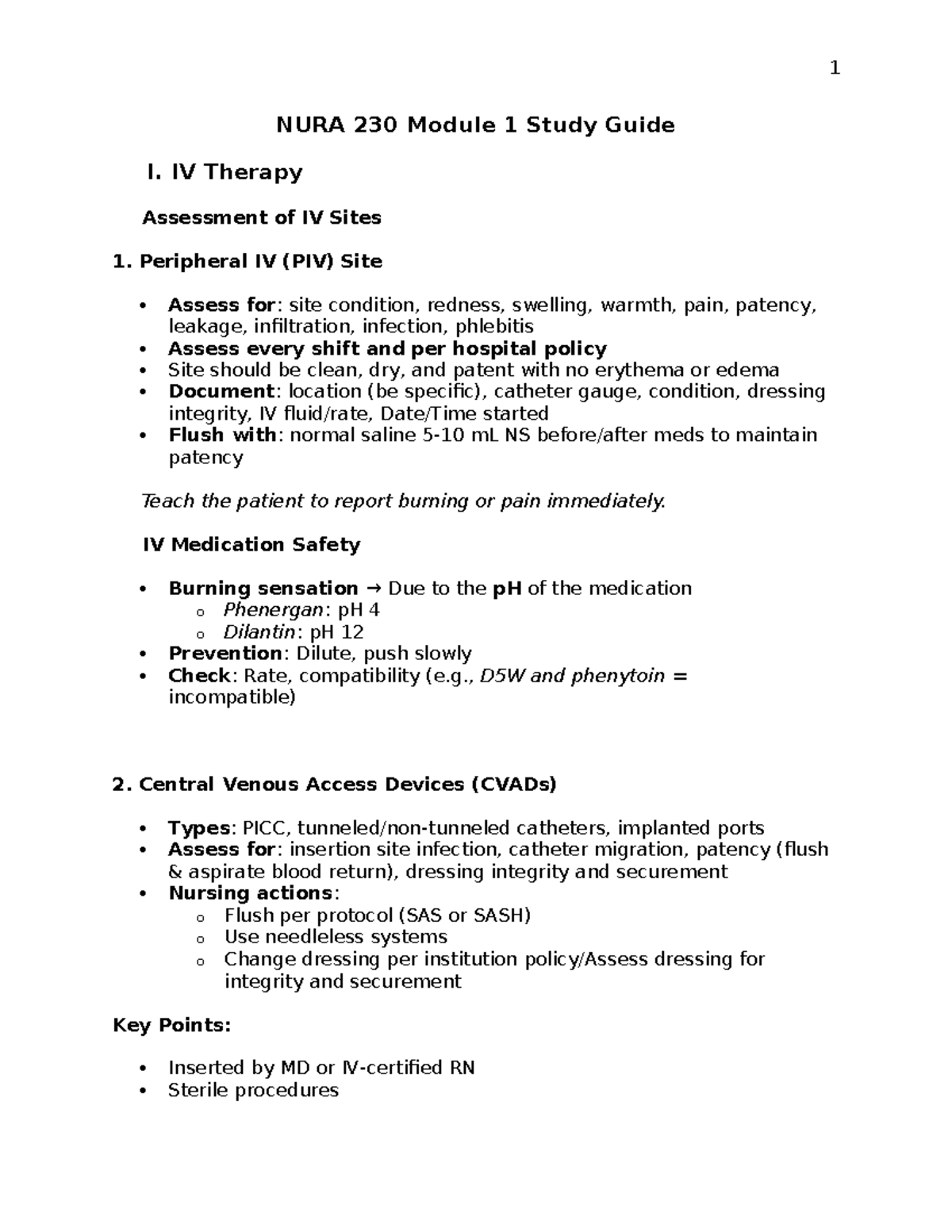 NURA 230 Module 1 IV Therapy Study Guide and Key Concepts - Studocu