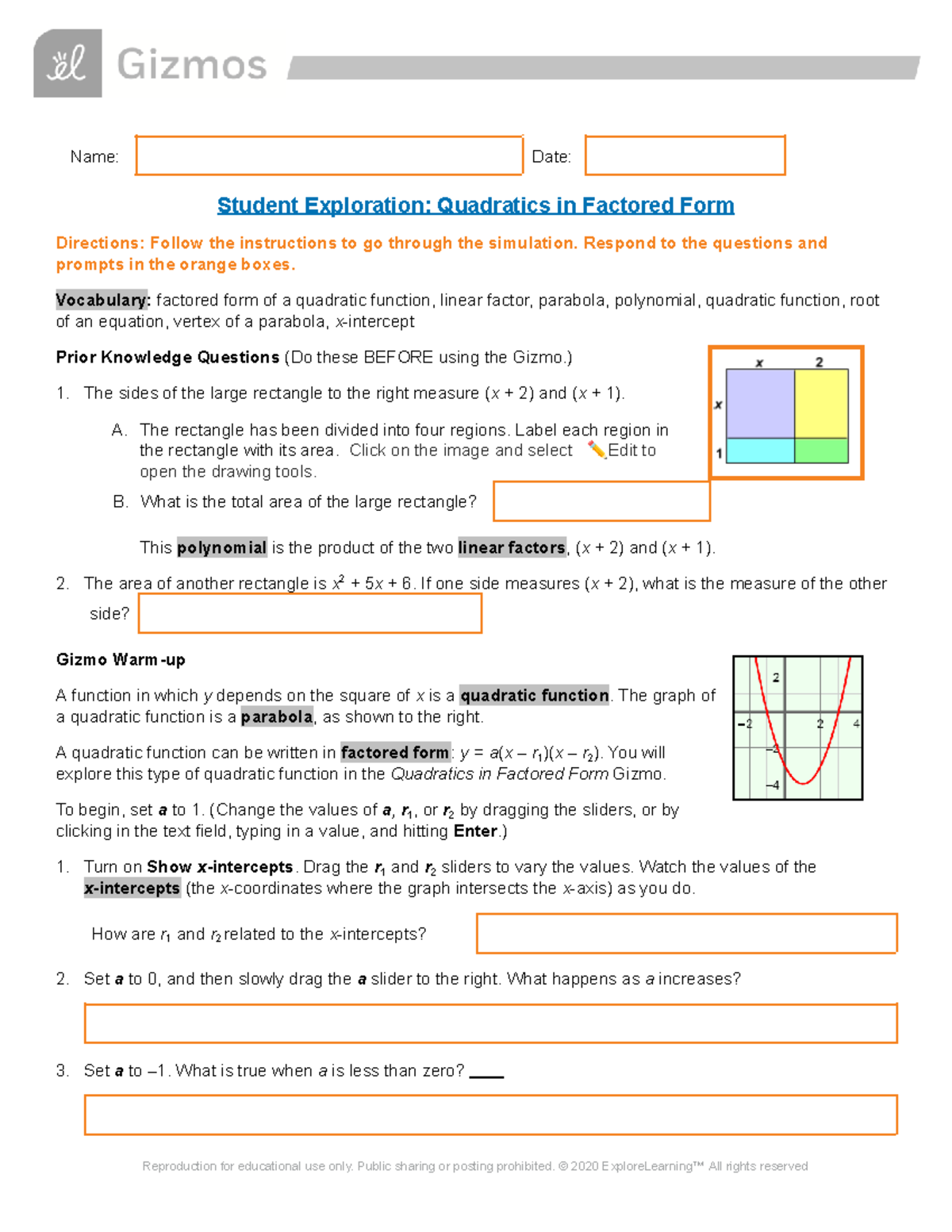 Student Exploration: Quadratics in Factored Form SE - Studocu