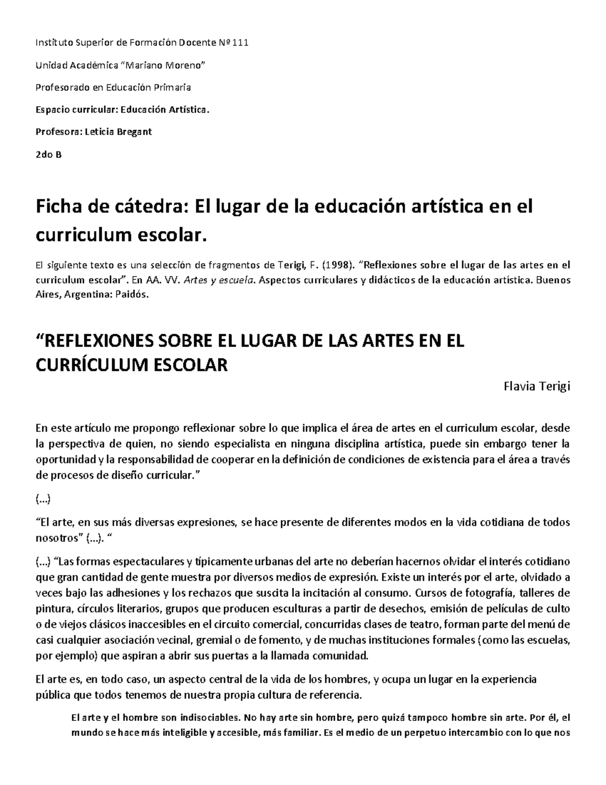 Ficha de Cátedra: Educ. Artística en el Currículum Escolar - Terigi ...