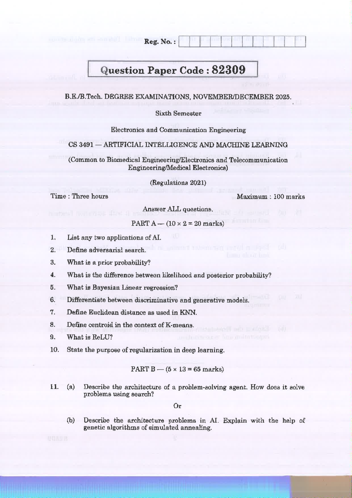 CS 3491 Final Exam Question Paper - AI & Machine Learning 2025 - Studocu