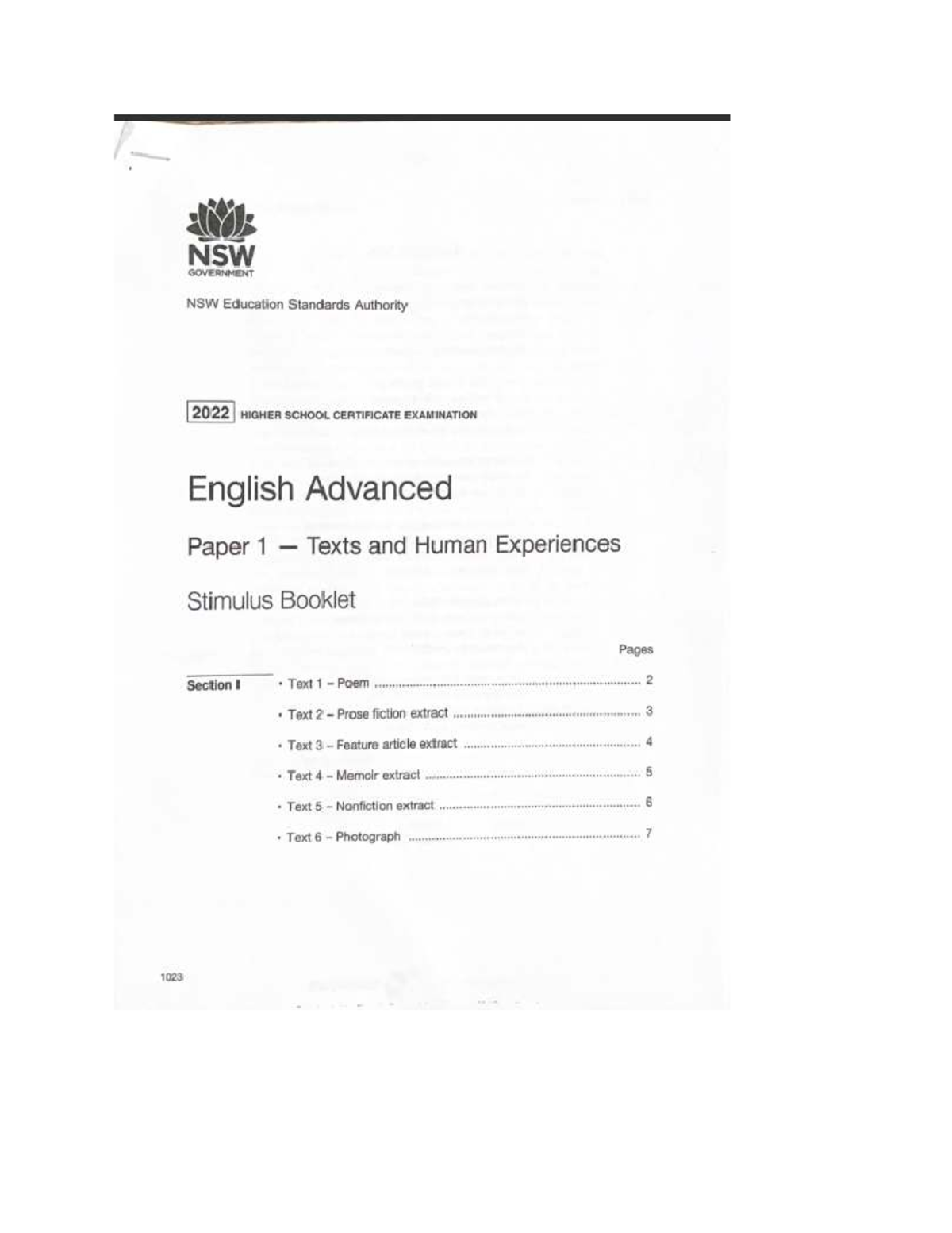 2022 Eng Adv HSC Exam Short Answer Samples: Texts & Human Experiences ...