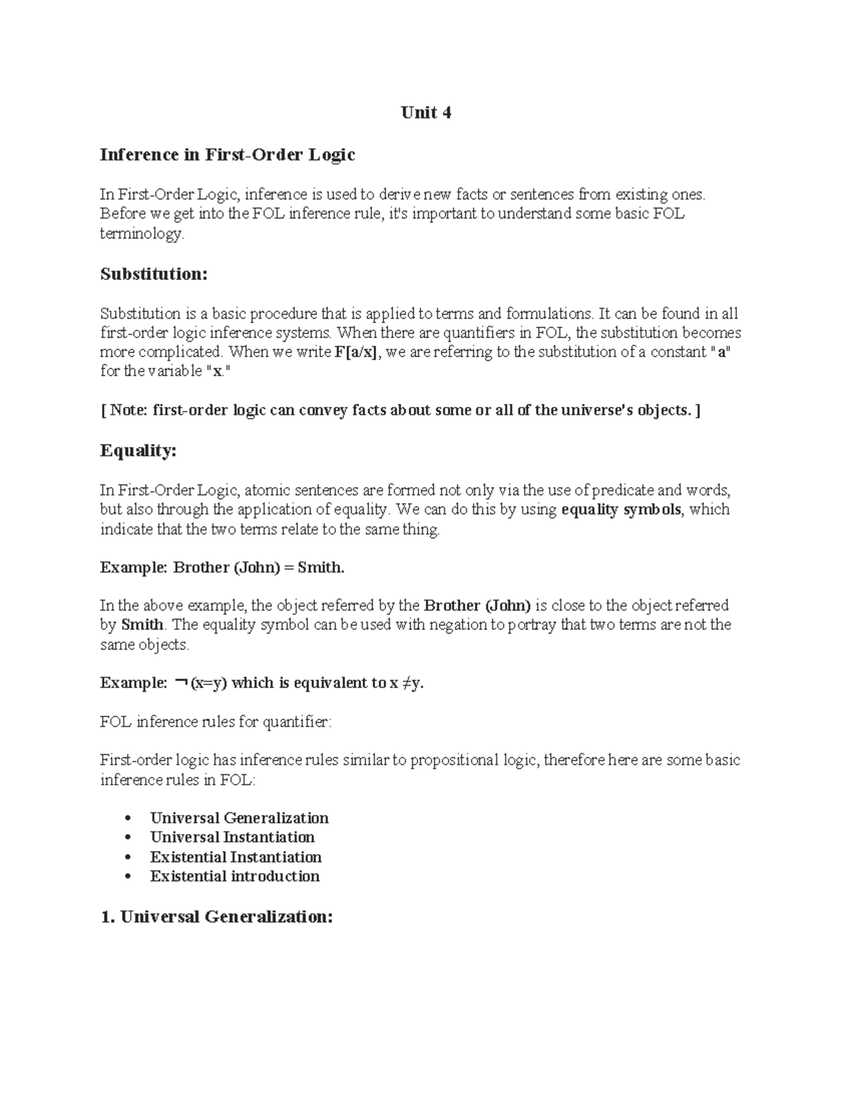 AI 101 Unit 4: Inference in Logic - Key Concepts and Rules - Studocu