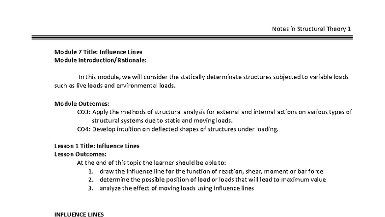 Structural Theory 1: Module 7 - Influence Lines Notes - Studocu