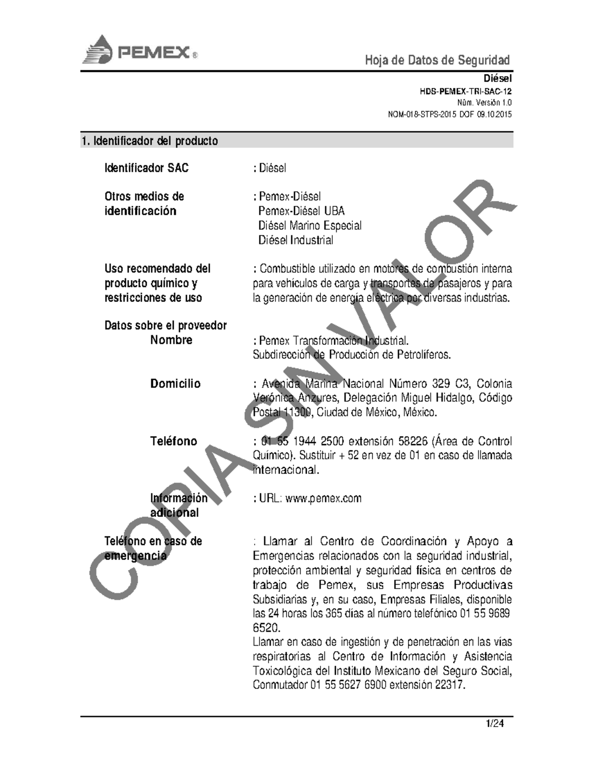 Ficha Técnica de Seguridad del Diésel Pemex - Versión 1.0 - Studocu