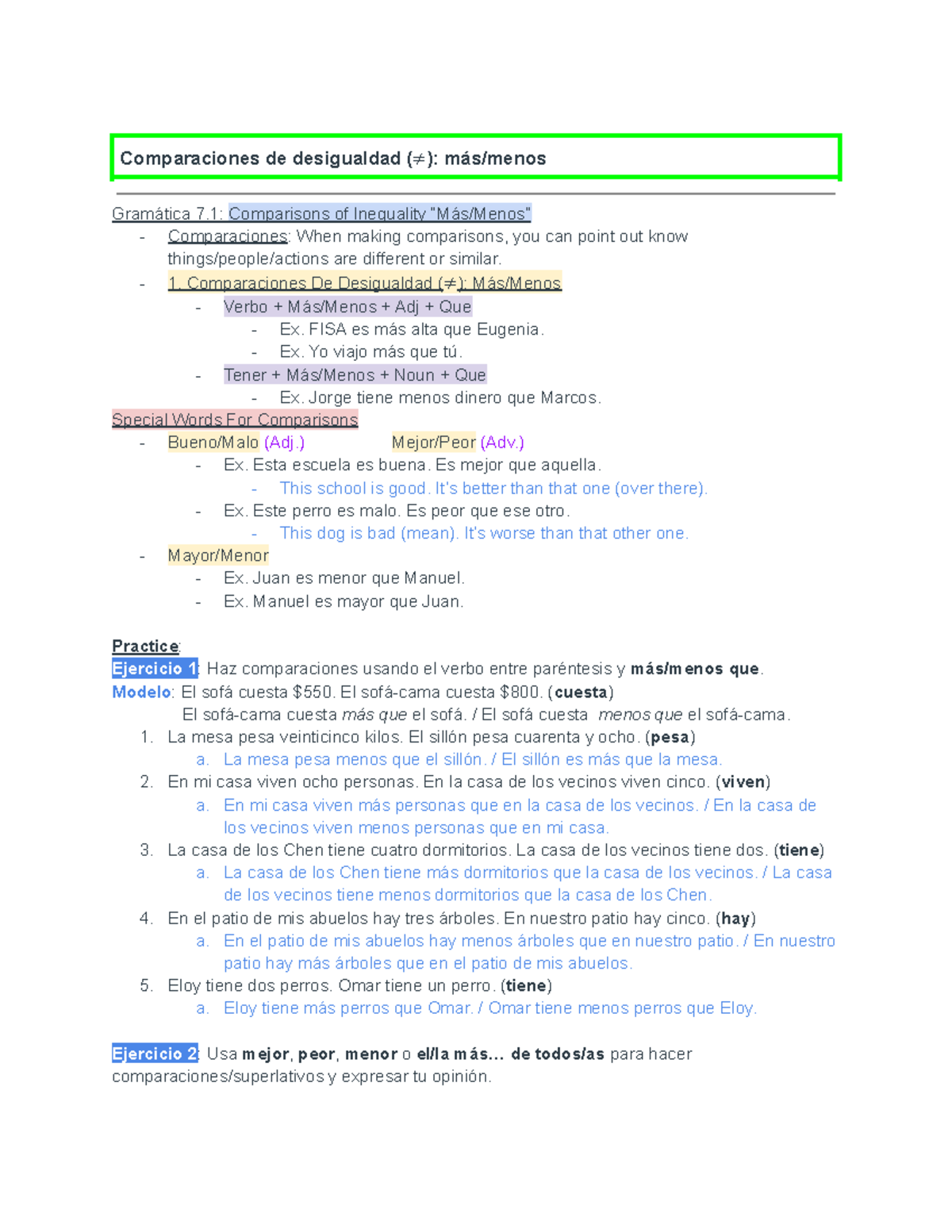 Gramática 7.1: Comparaciones de Desigualdad "Más/Menos" - Studocu