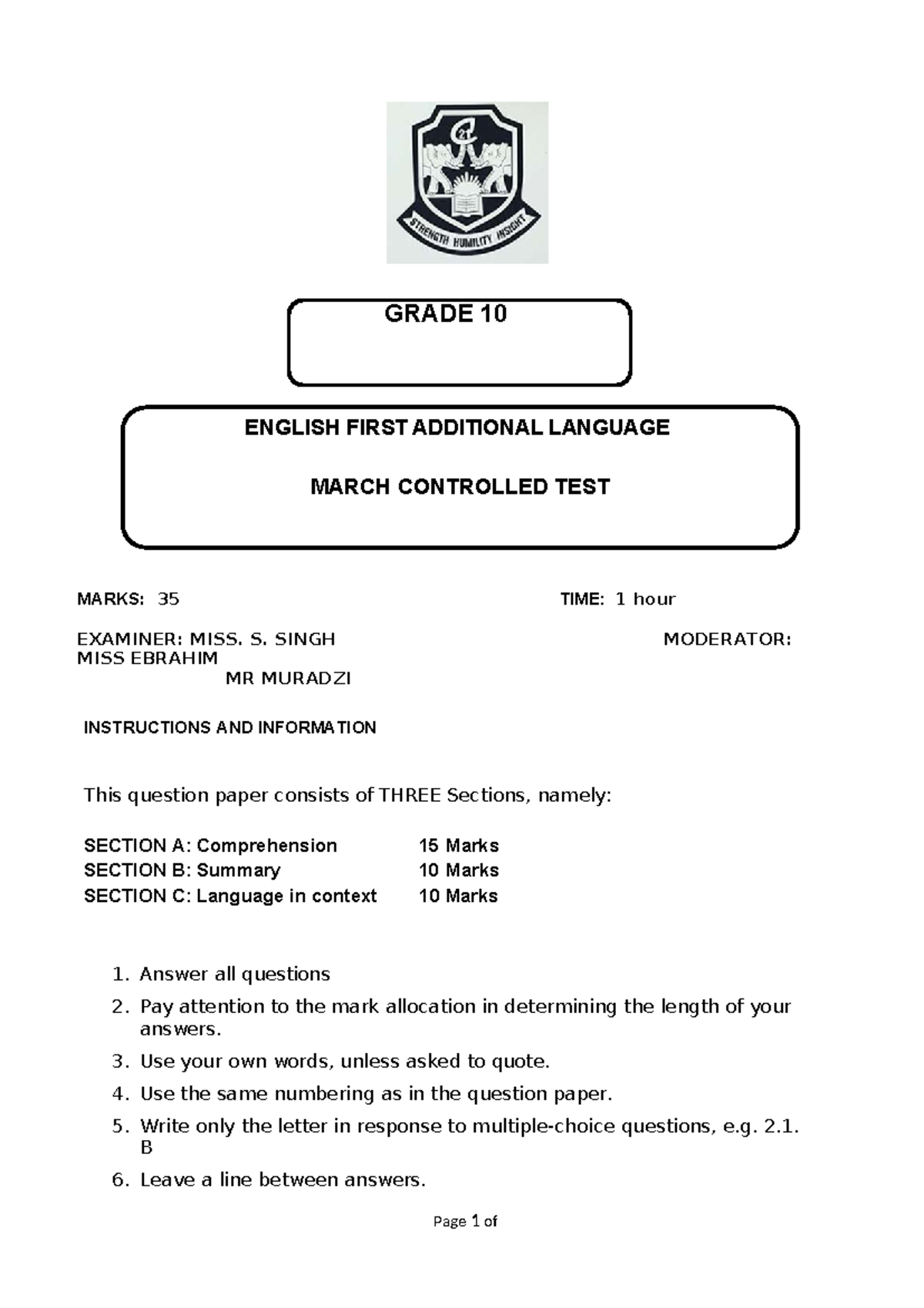 Grade 10 English First Additional Language Term 1 Controlled Test - Studocu