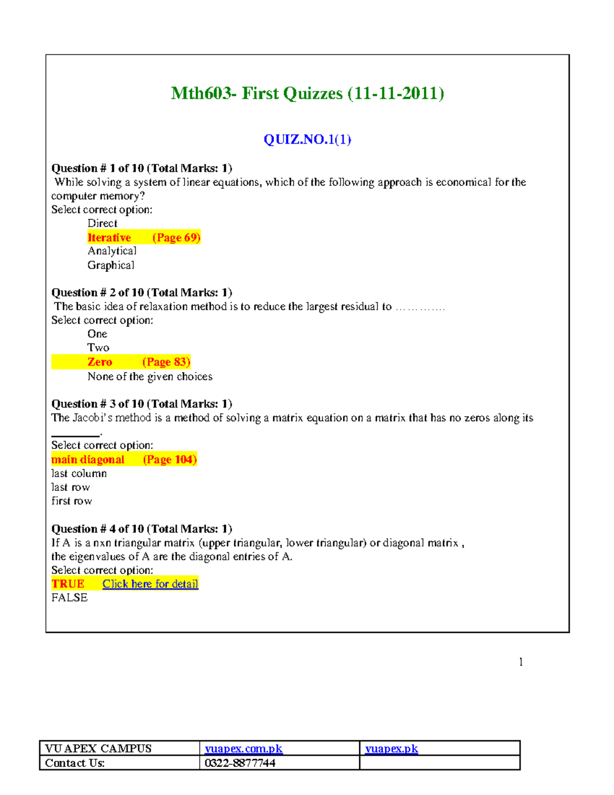 MTH603 Final Quiz MCQs: Linear Equations & Numerical Methods - Studocu