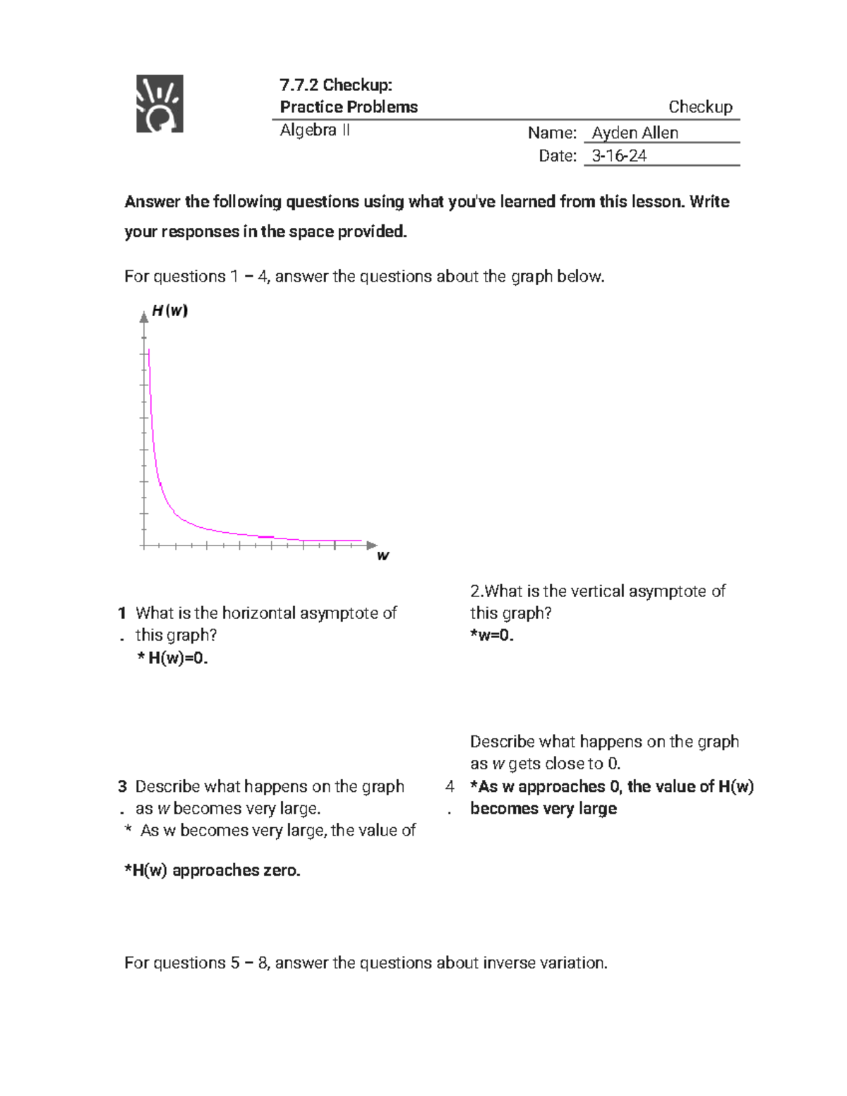 7.7.2 Algebra II Checkup - Practice Problems Review - Studocu