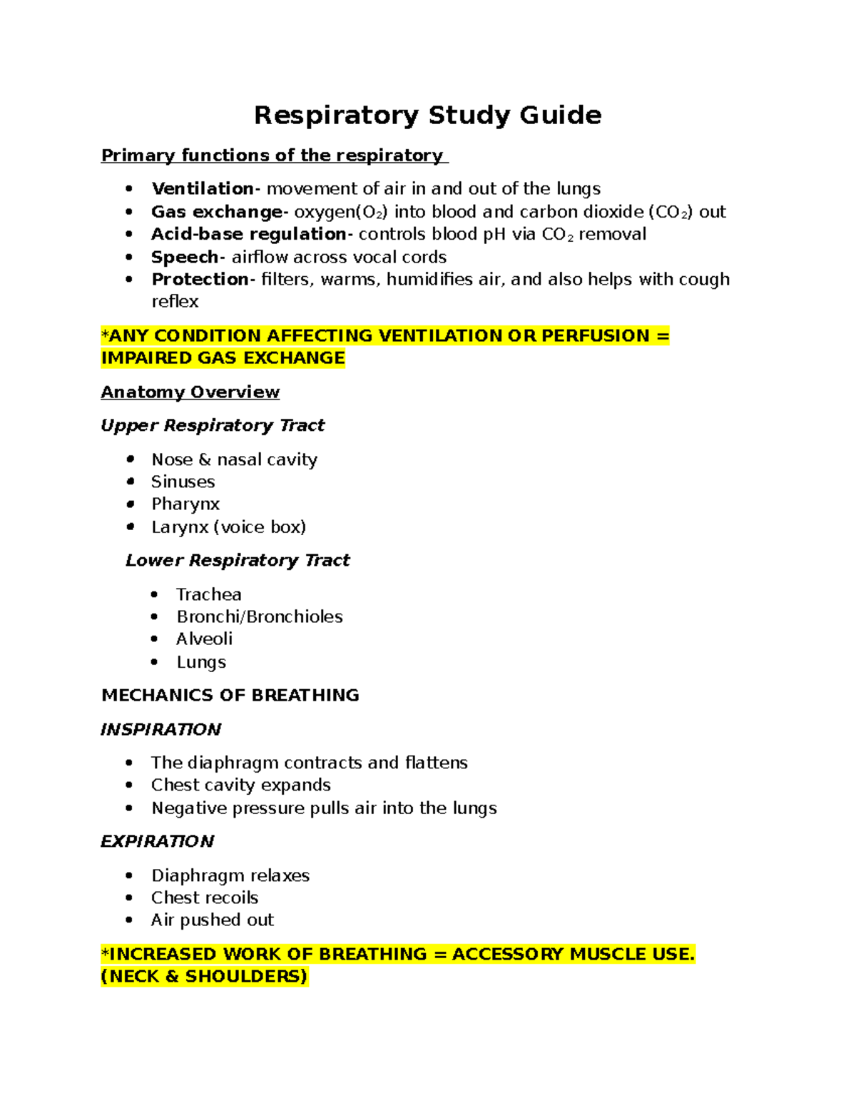Respiratory Study Guide: Key Functions & Mechanics of Breathing - Studocu