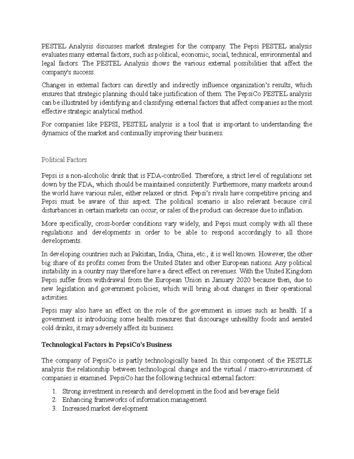 PESTEL Analysis of PepsiCo: Market Strategies & External Factors - Studocu