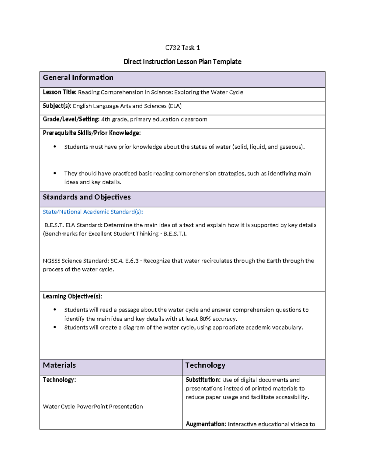 C732 Task 1 Direct instruction lesson plan on reading comprehension ...