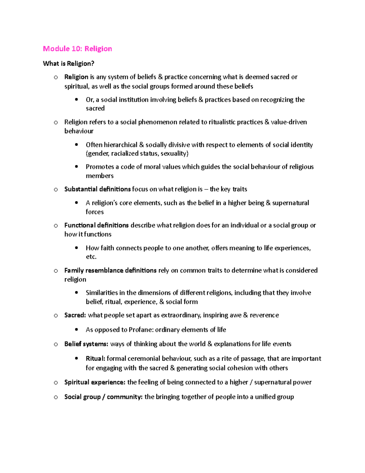 Module 10 Notes: Religion - Module 10: Religion What is Religion? o ...