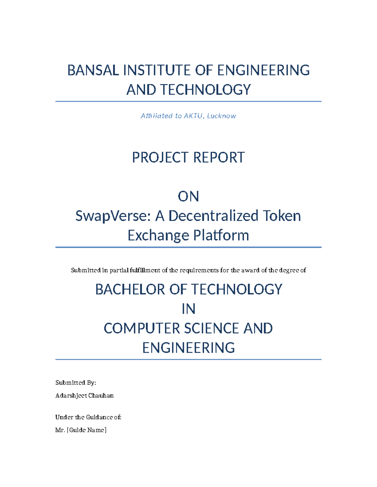 BTECH CSE Project Report: SwapVerse Decentralized Token Exchange - Studocu