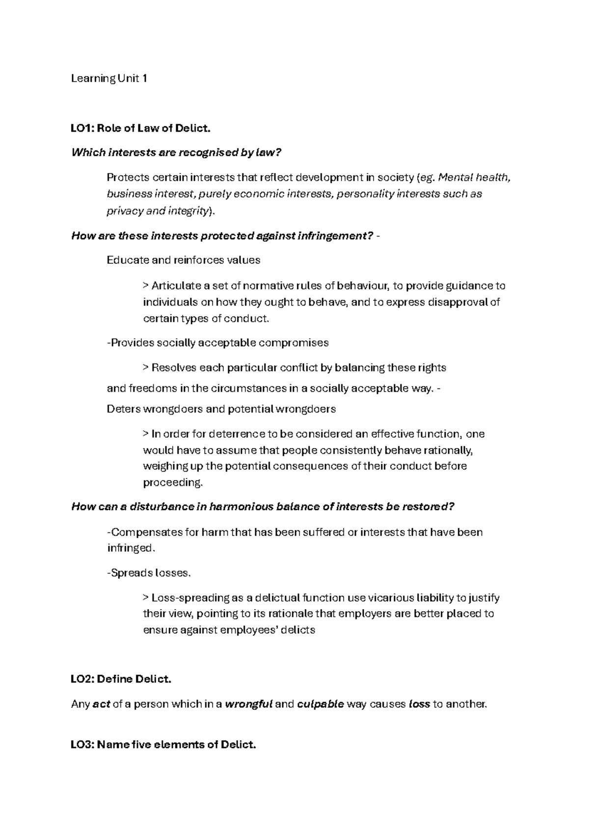 Learning Unit 1: Role of law of delict and its key concepts - Studocu