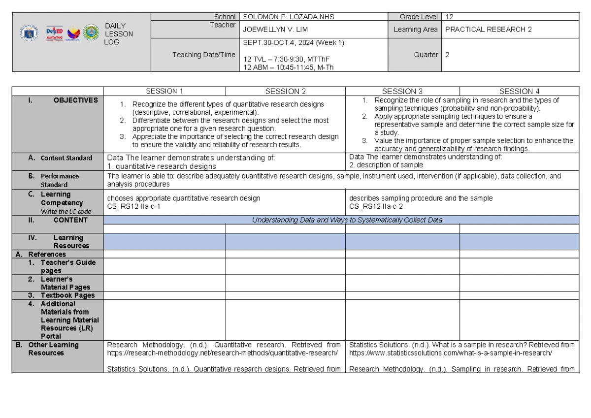 12 pr2 q2 week2 - dll - DAILY LESSON LOG School SOLOMON P. LOZADA NHS ...