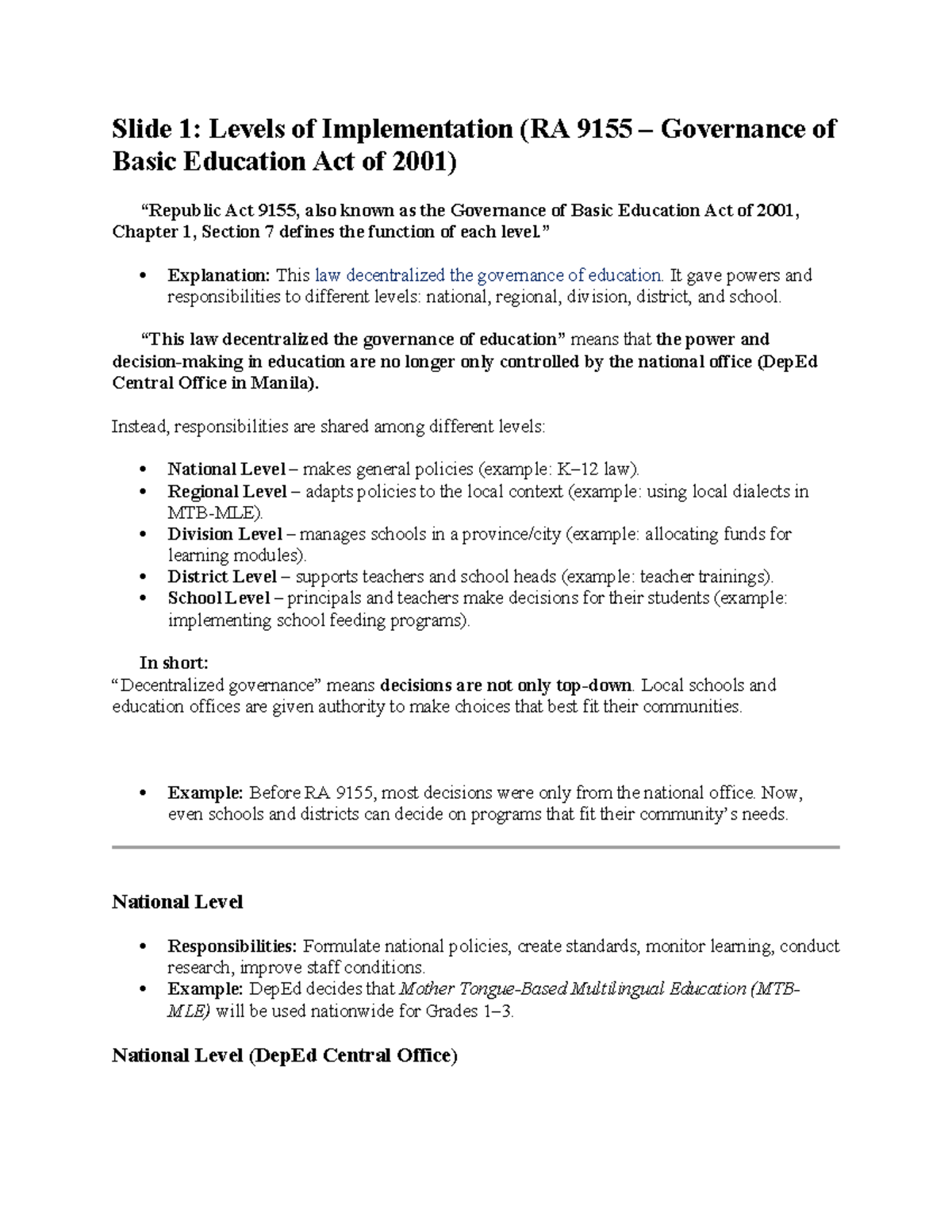 CI Report: Summary of Curriculum Implementation (RA 9155) - Studocu