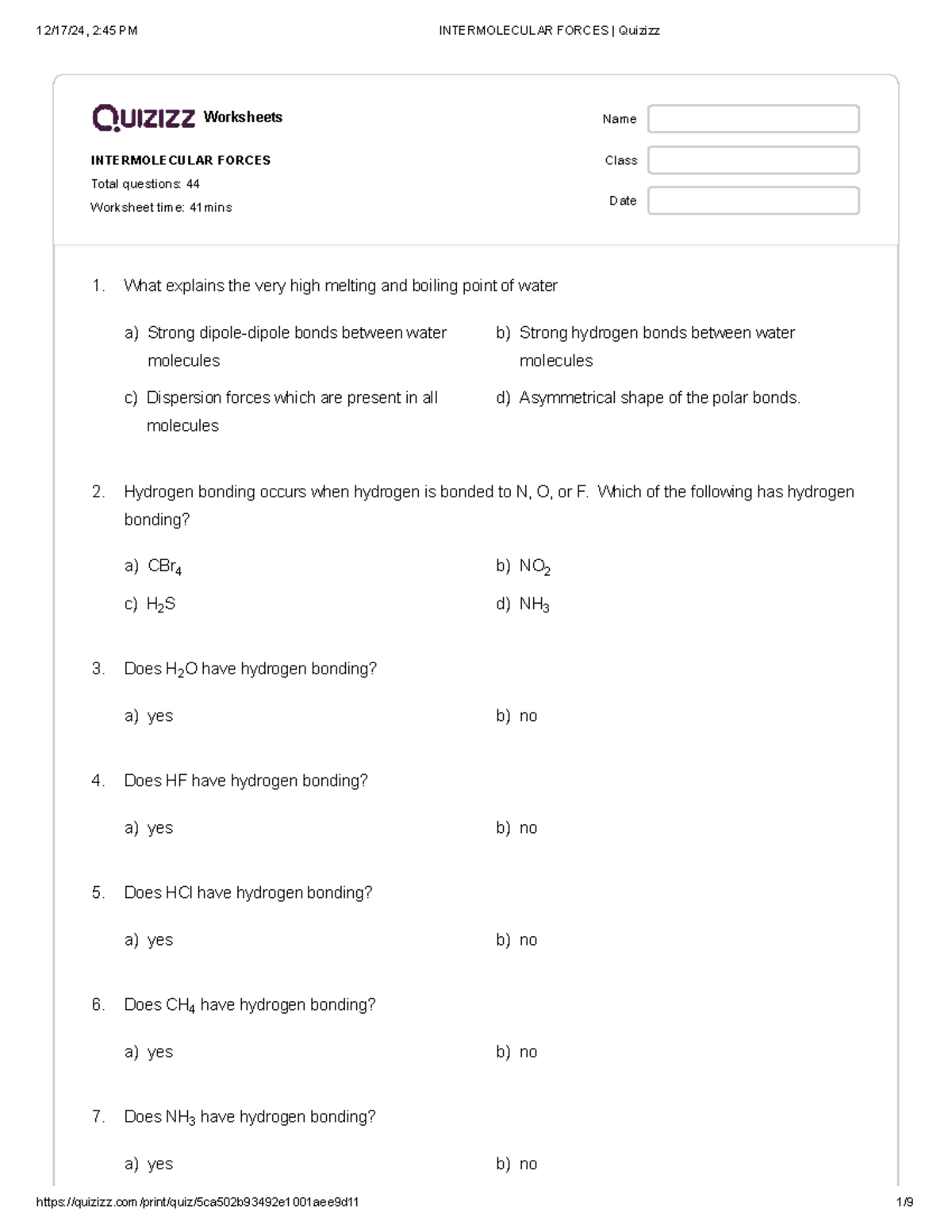 INTERMOLECULAR FORCES (2:45 PM) Quizizz Worksheet - Studocu