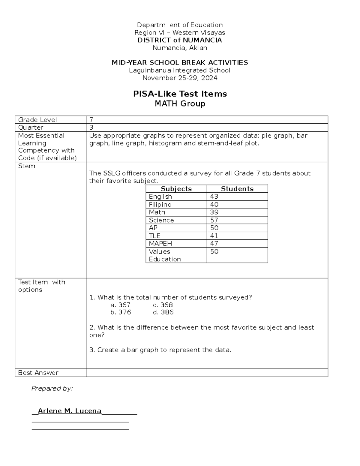 Math PISA.Test Item Worksheet grade 7 - Departm ent of Education Region ...