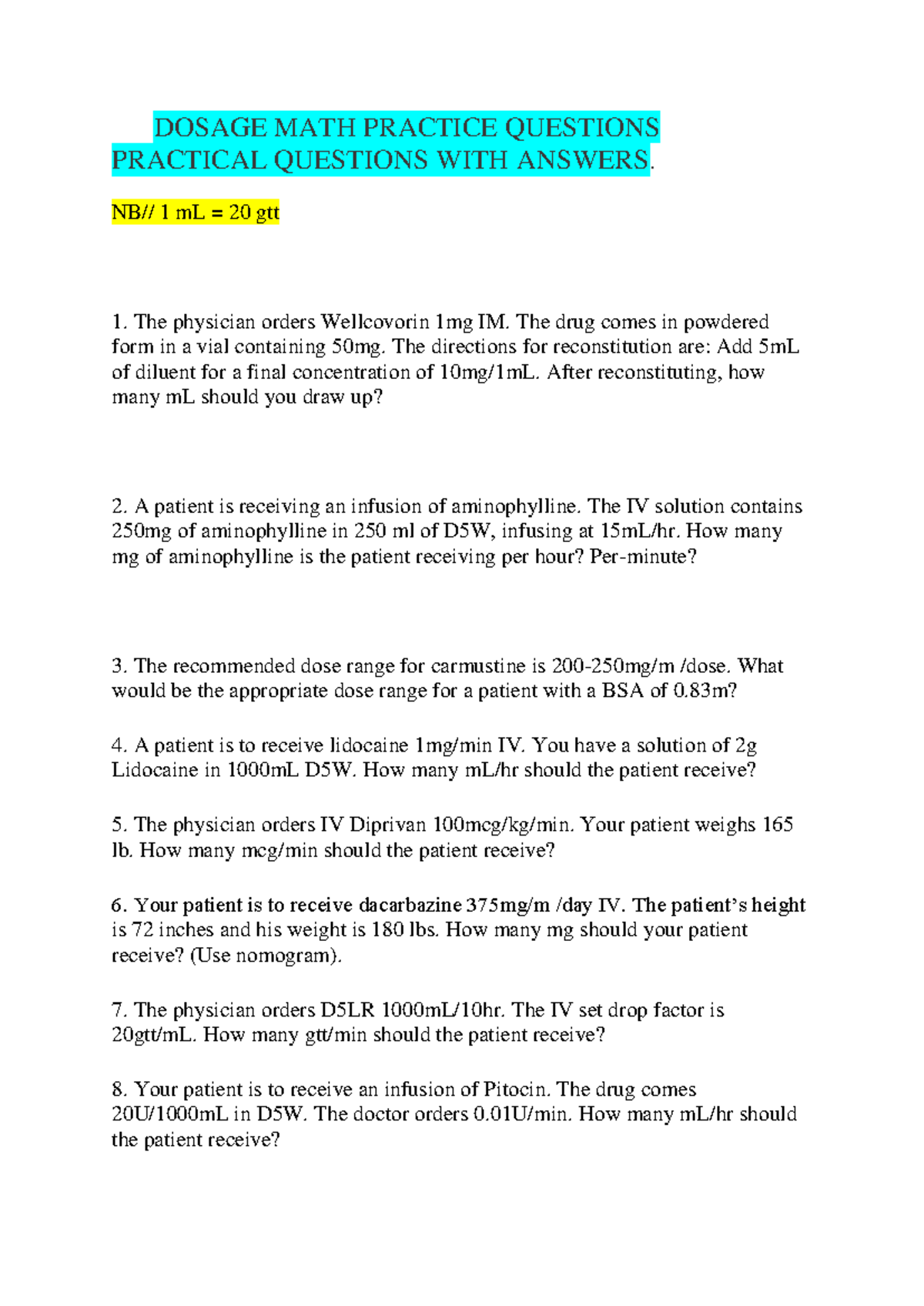 Dosage MATH Prac Qs & Ans with Formulas for Med Calculations - Studocu