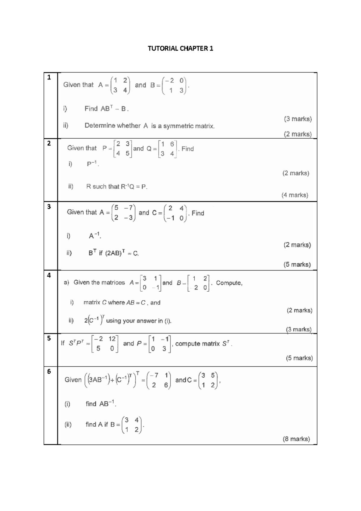 Tutorial Chapter 1: Matrix Operations and Properties - Studocu