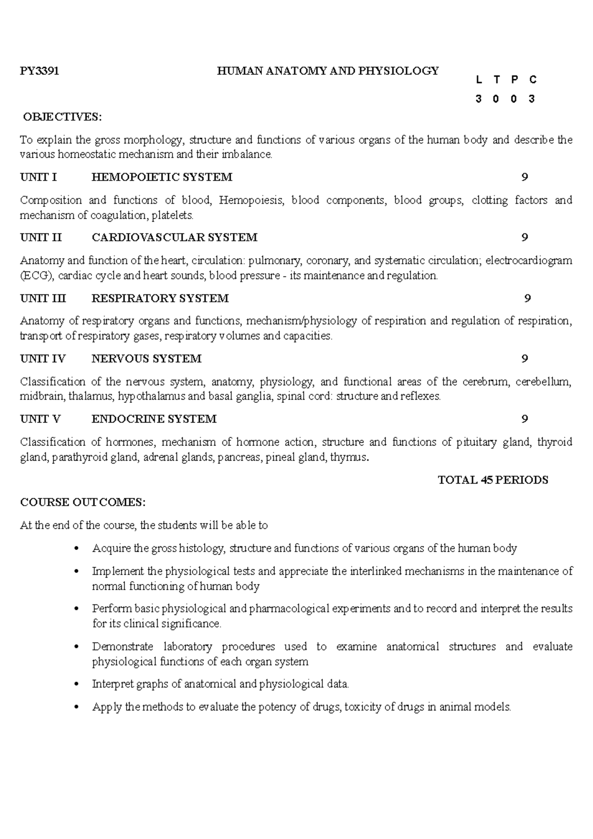 HAP Syllabus - human anatomy and physiology - PY3391 HUMAN ANATOMY AND ...