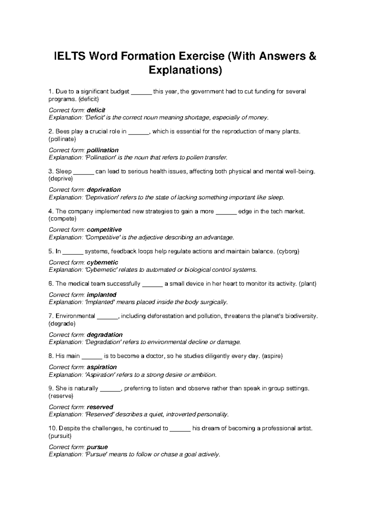 IELTS Word Formation Exercise Answers & Explanations - Studocu