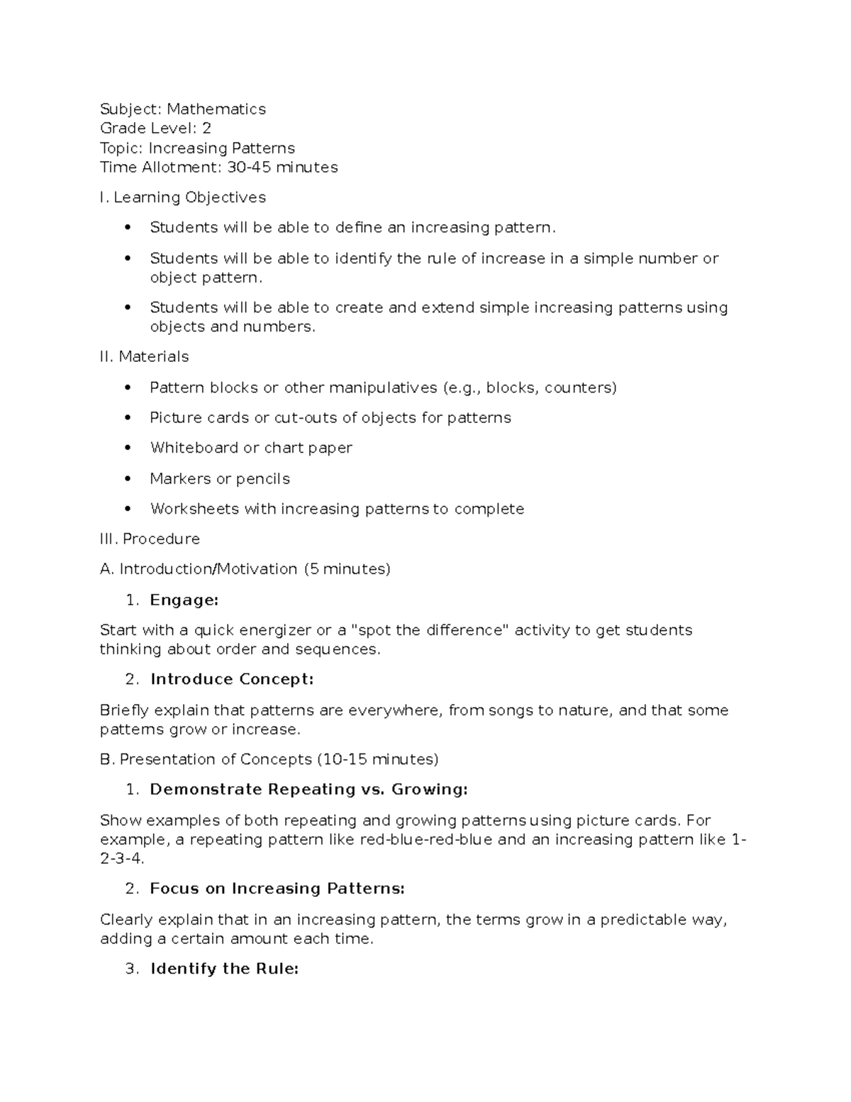 Mathematics Lesson Plan: Increasing Patterns for Grade 2 - Studocu