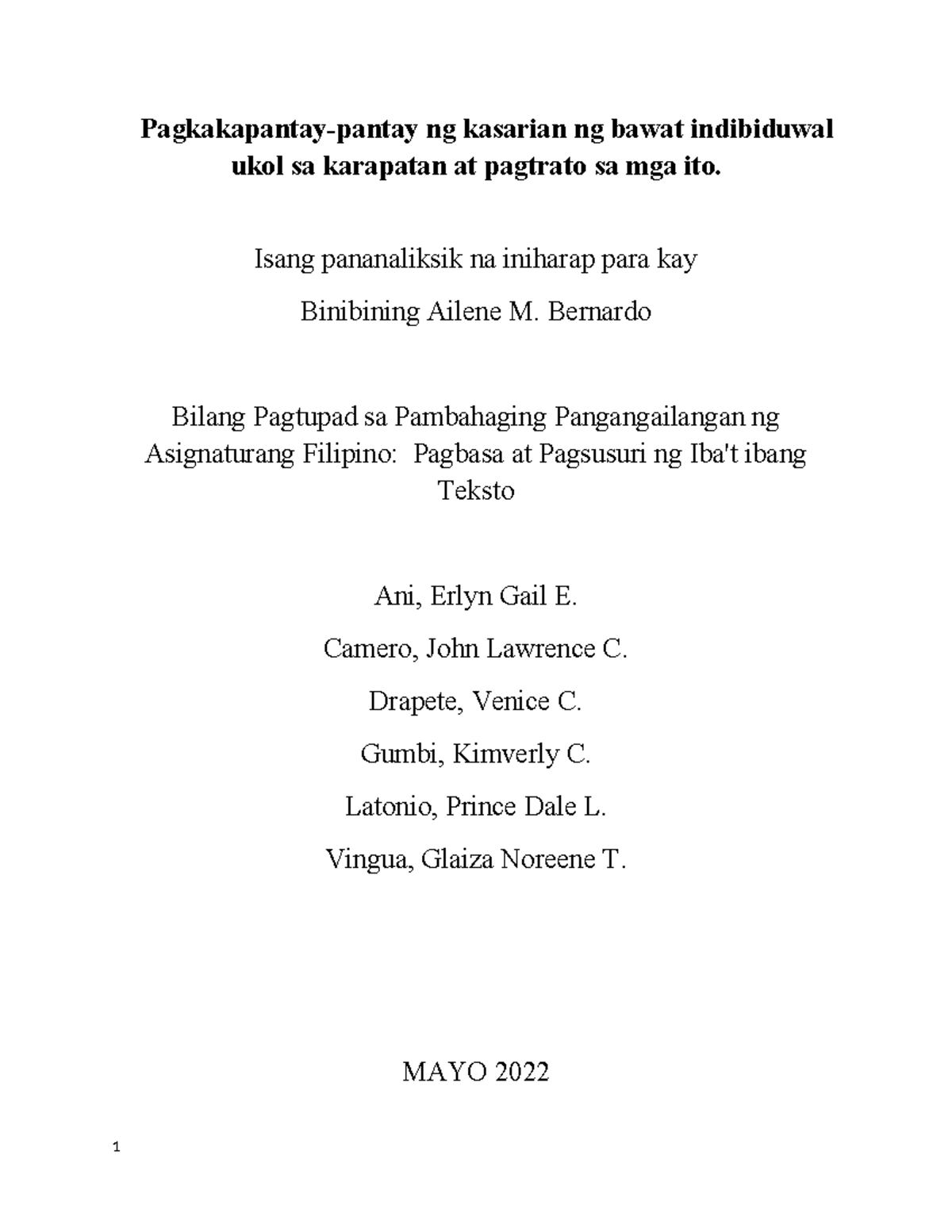 Pagkapantay-pantay ng Kasarian: Isang Pananaliksik para sa Filipino ...